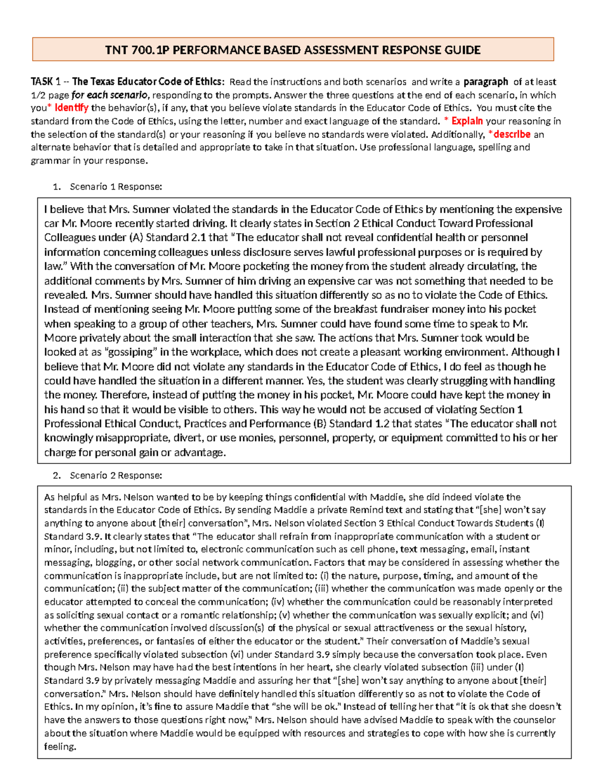TNT 700.1P Performance-Based Assessment: Ethics Scenarios Analysis ...