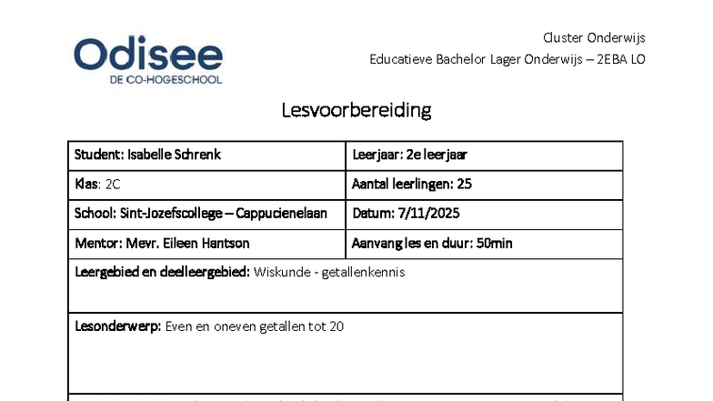 Lesvoorbereiding Wiskunde: Even en Oneven Getallen (2EBA LO) - Studocu