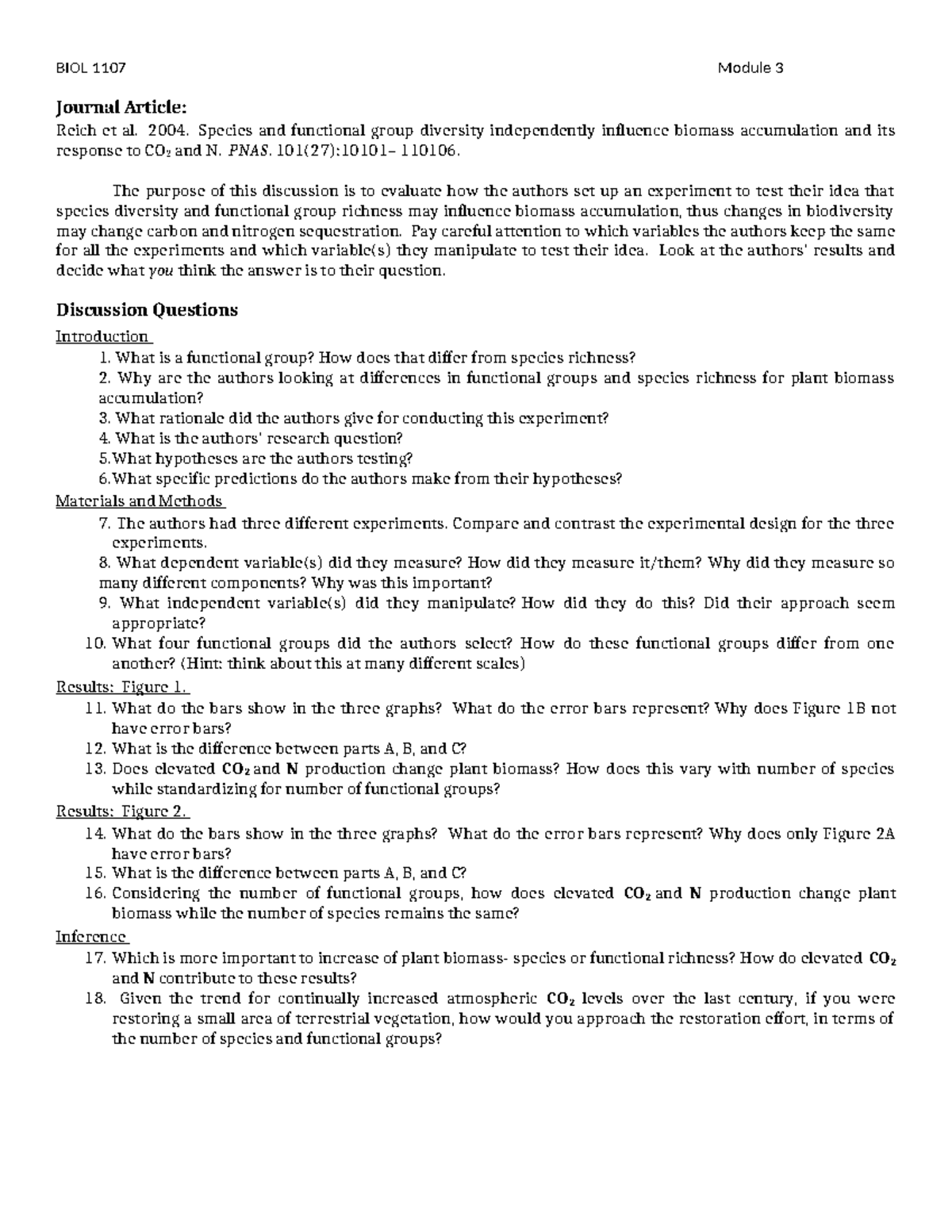 BIOL 1107 Mod3 Discussion Questions on Species & Functional Group ...