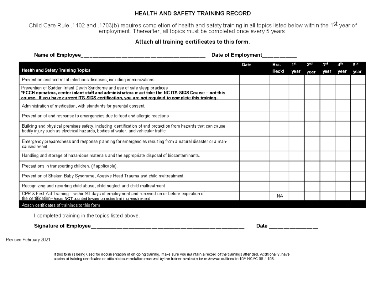 Health and Safety Training Record - HEALTH AND SAFETY TRAINING RECORD ...