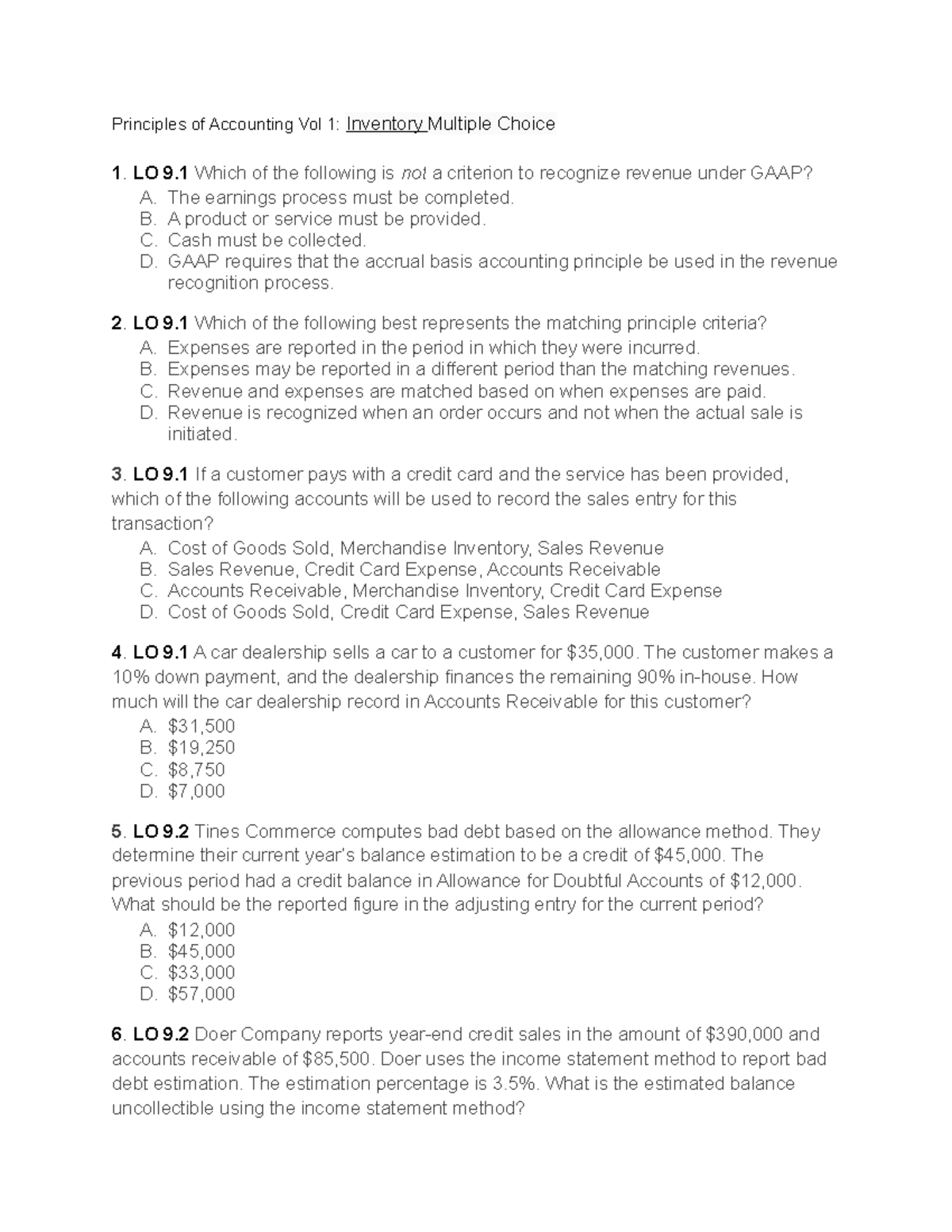 Principles of Accounting Vol 1 Inventory Multiple Choice - The earnings ...