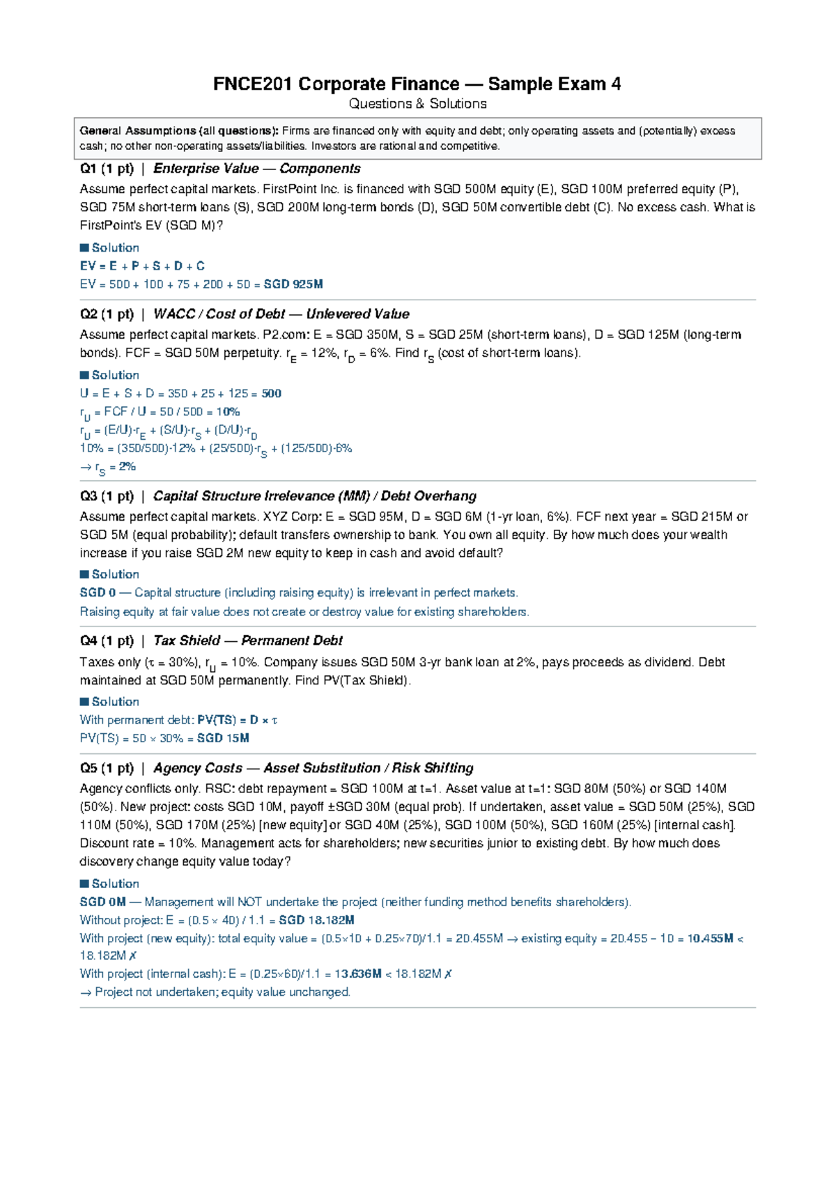 FNCE201 Corporate Finance Sample Exam 4 Solutions and Analysis - Studocu