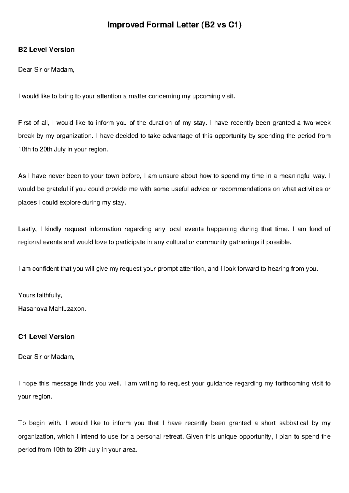 Formal Letter Writing Comparison: B2 vs C1 Levels - Studocu