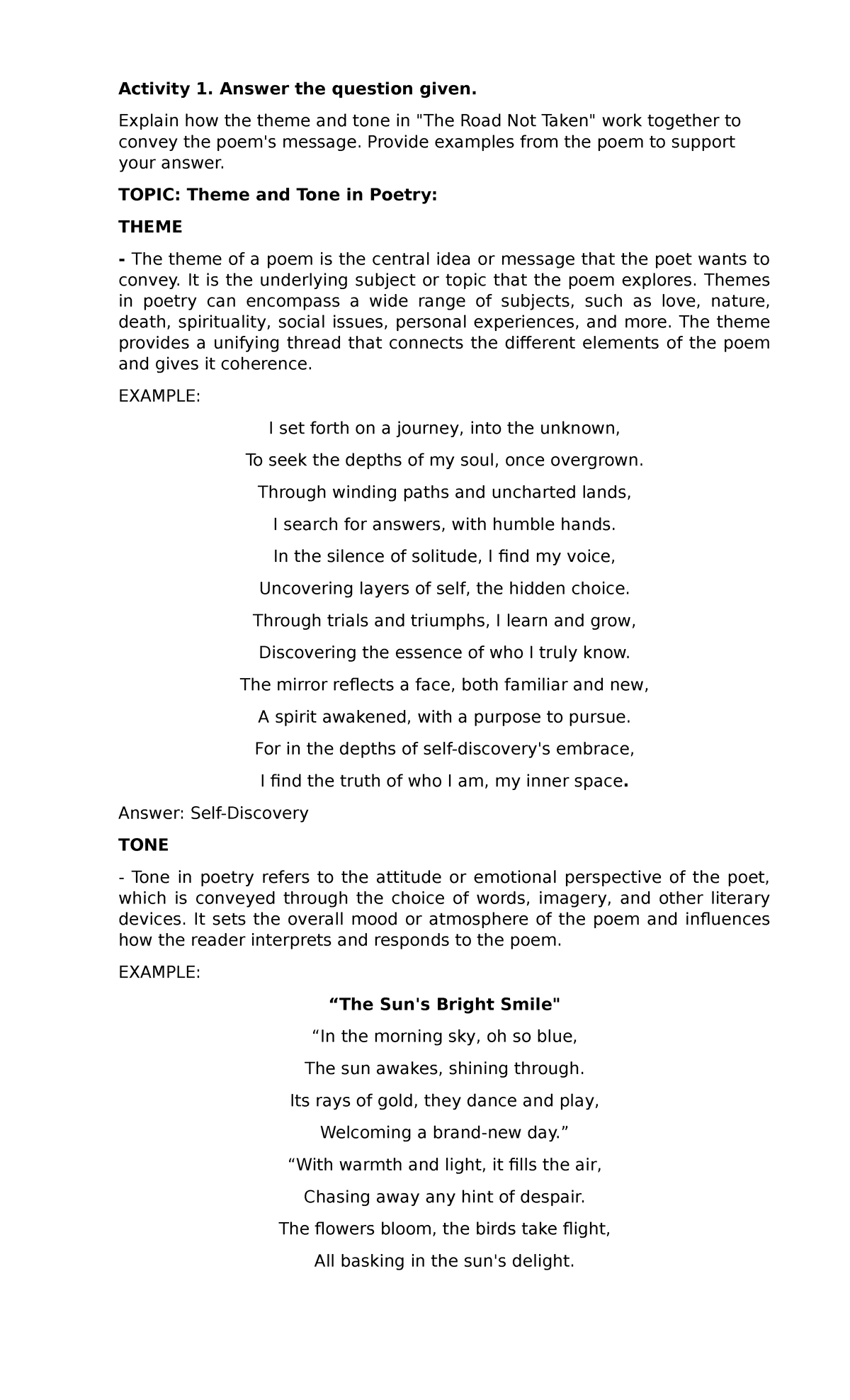 TONE & MOOD Handout - class notes - Activity 1. Answer the question ...