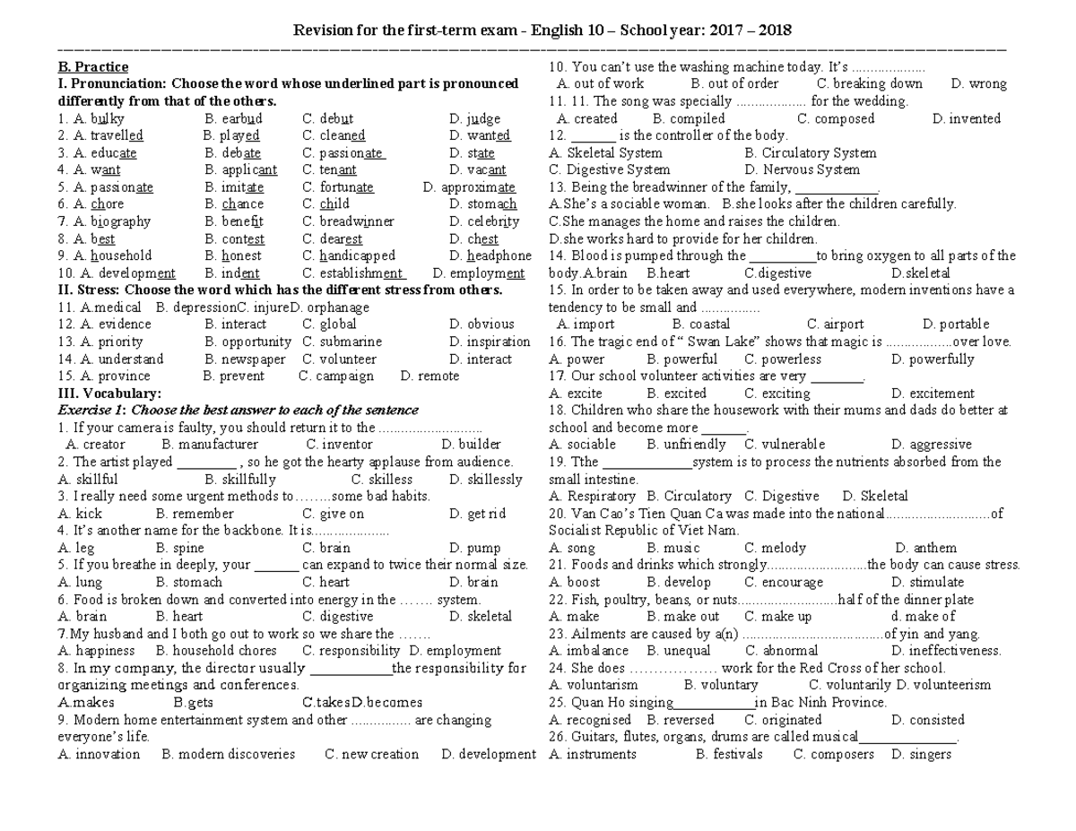 Revision for the Exam English 10 - Semester I Study Guide - Studocu