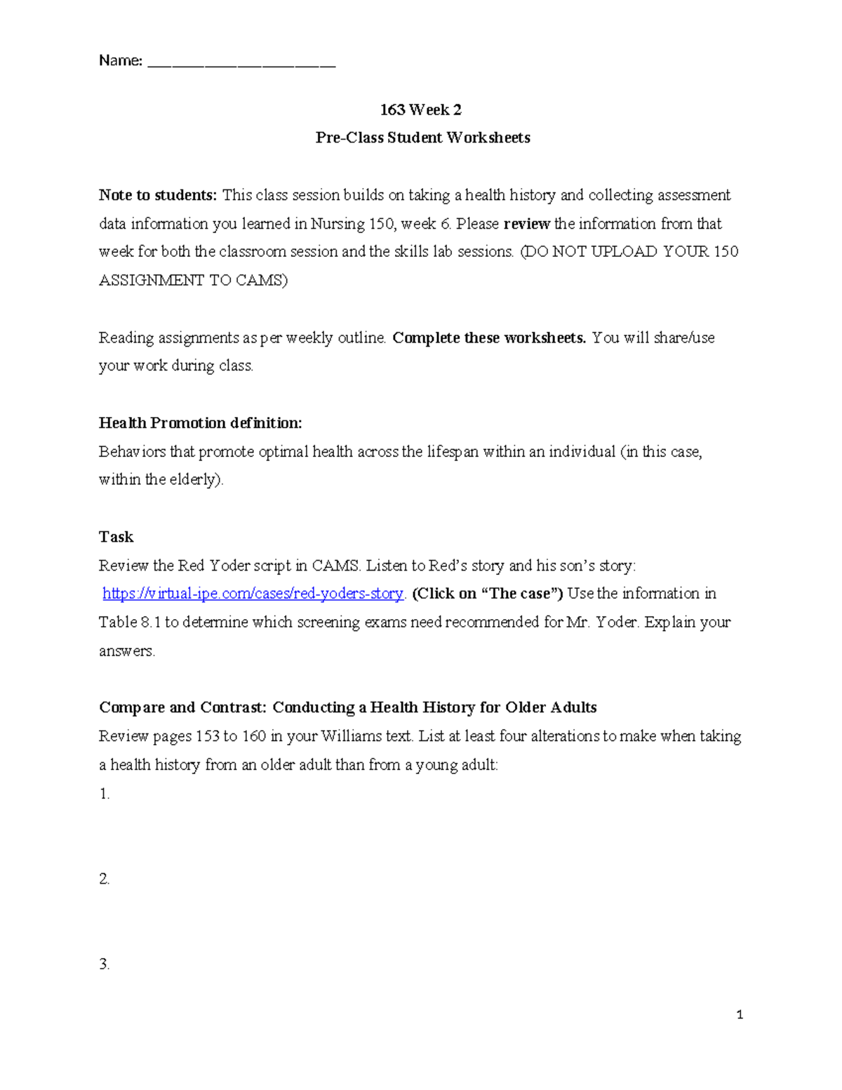 163 Week 2 Pre-Class Worksheet: Health History & Vital Signs Guidelines ...