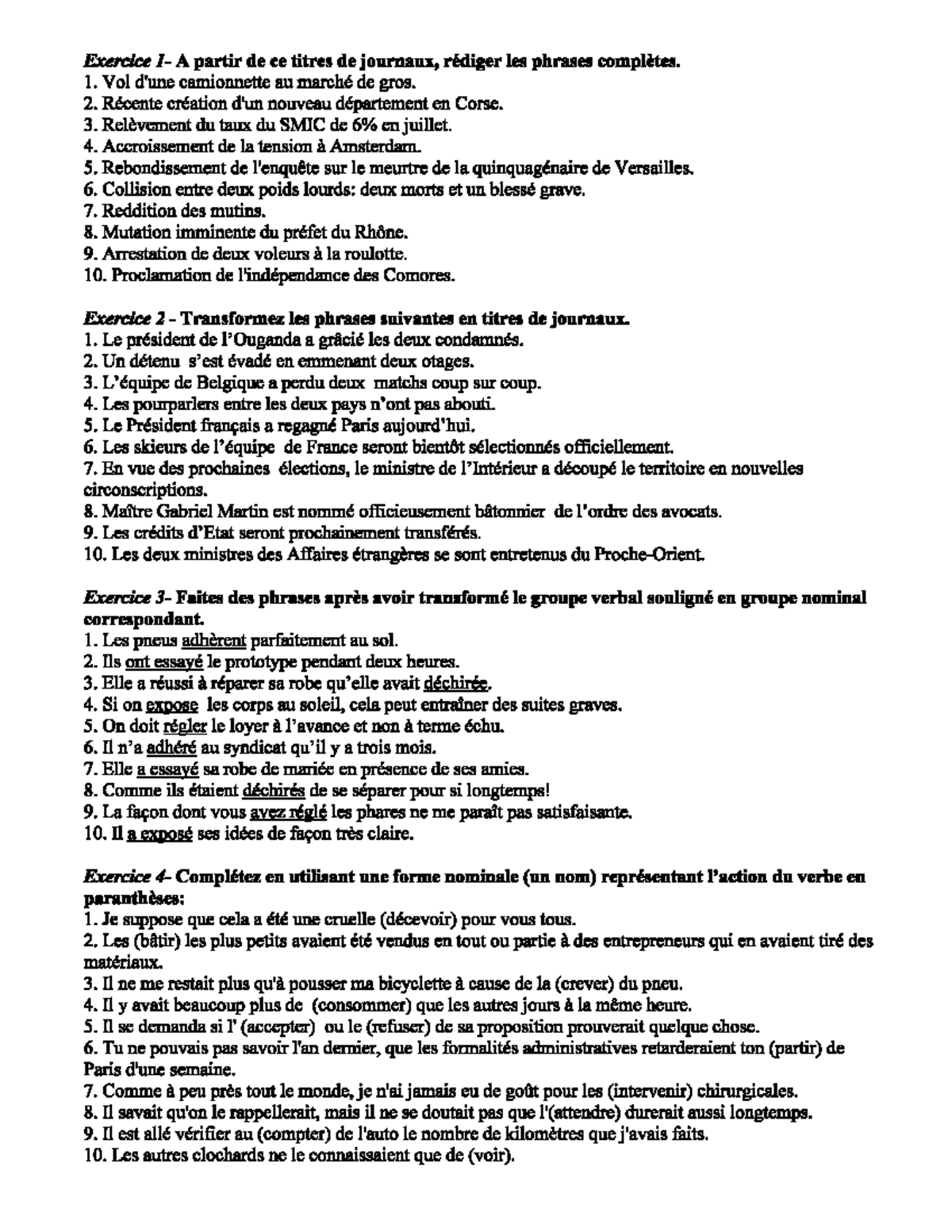 Nominalisation - UNLOCK: Exercices de Transformation et Complétion ...