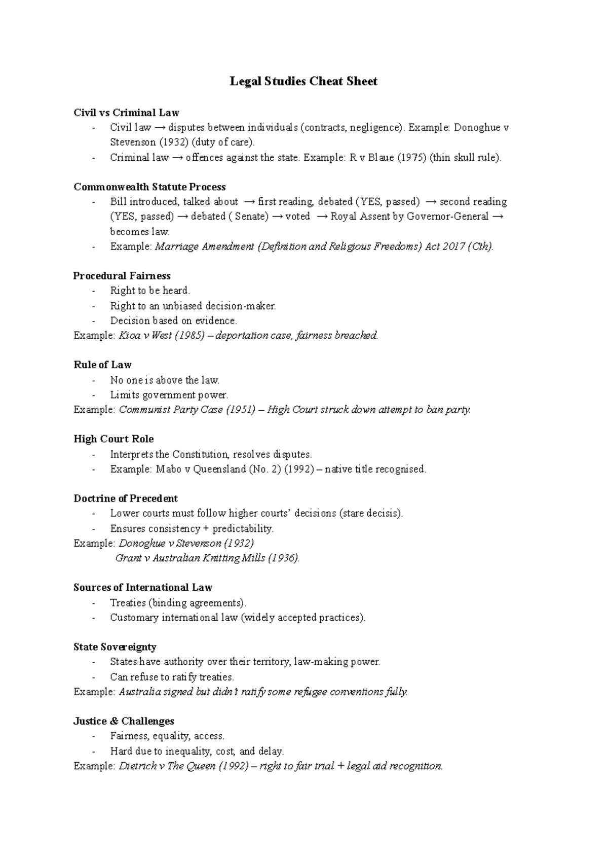 Legal Studies Cheat Sheet: Civil vs Criminal Law Overview - Studocu