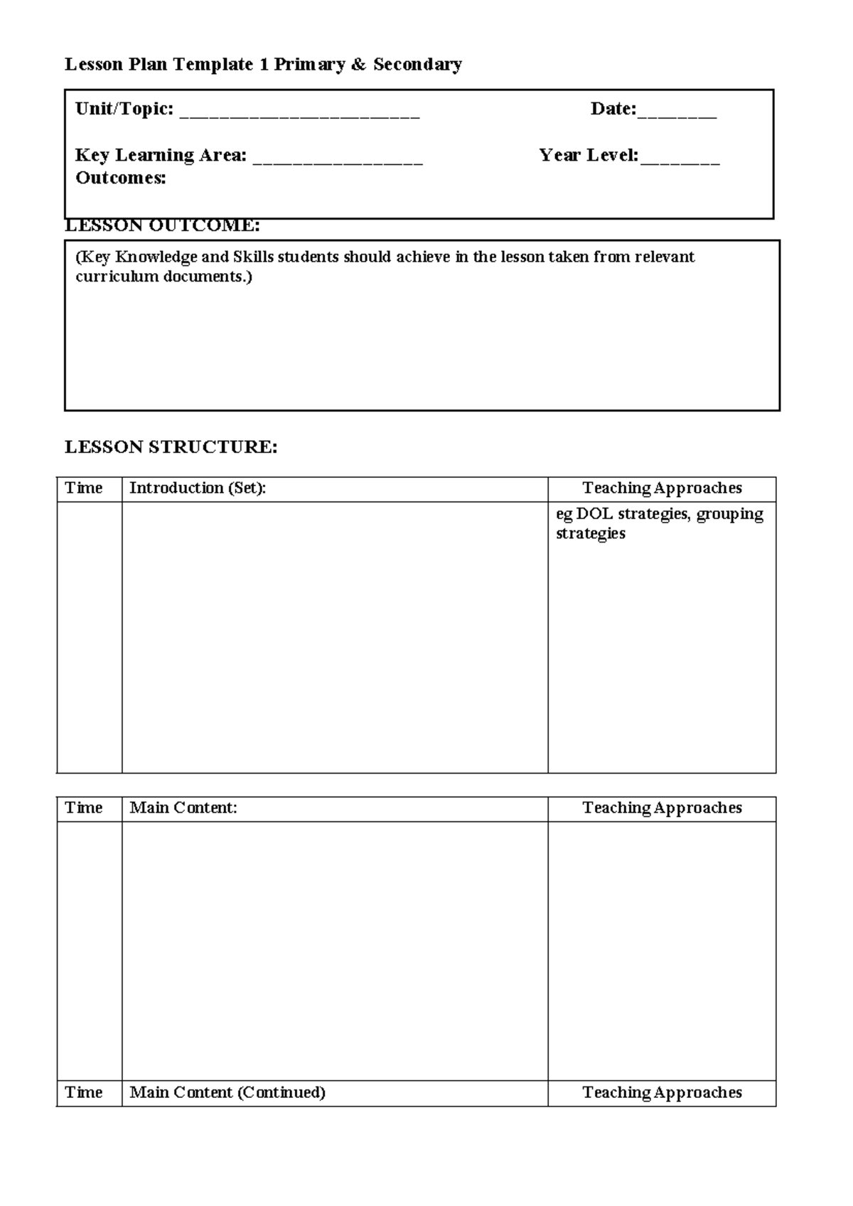 Ins lesson plan template 1 primary secondary - Lesson Plan Template 1 ...
