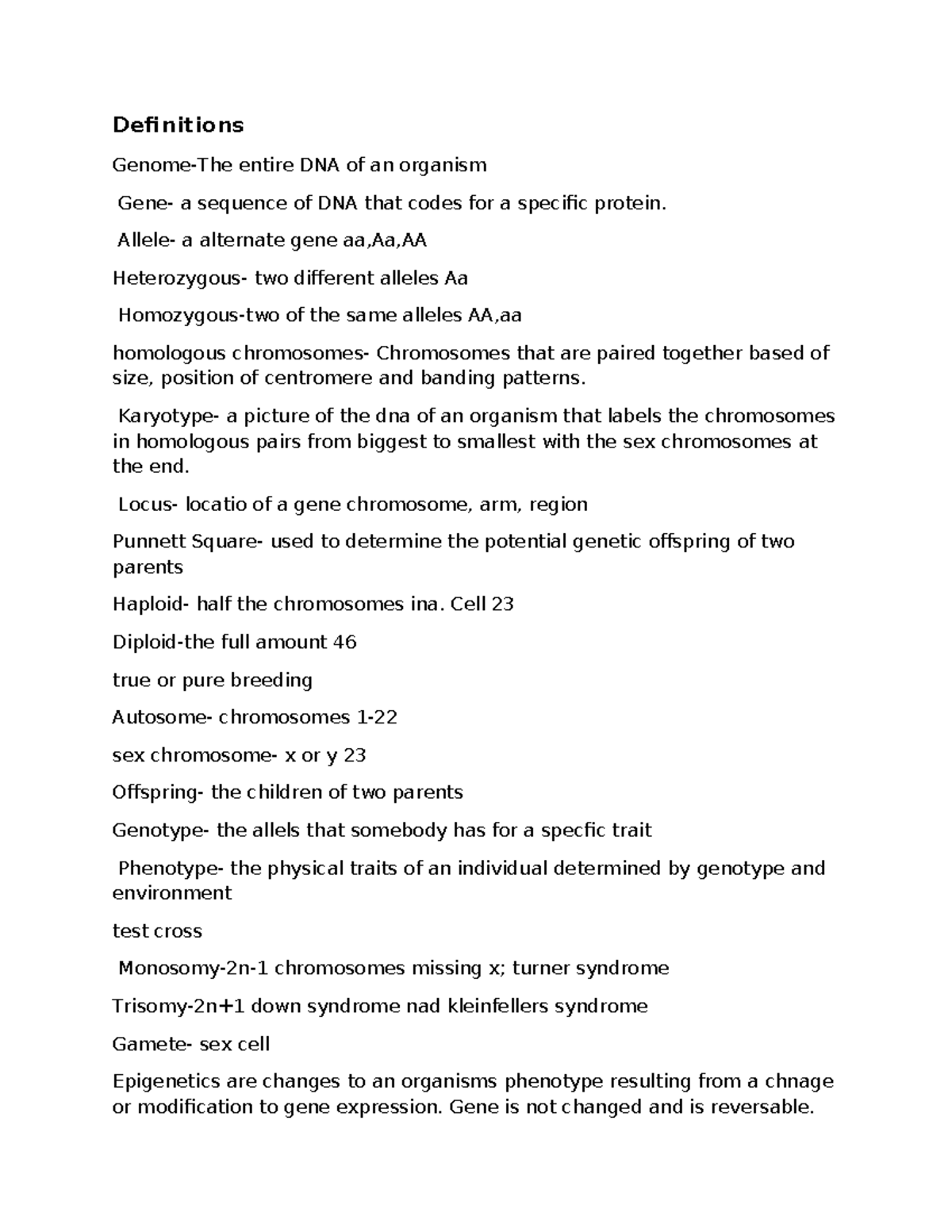 Bio 101 Study Notes: DNA Definitions & Genetic Concepts - Studocu