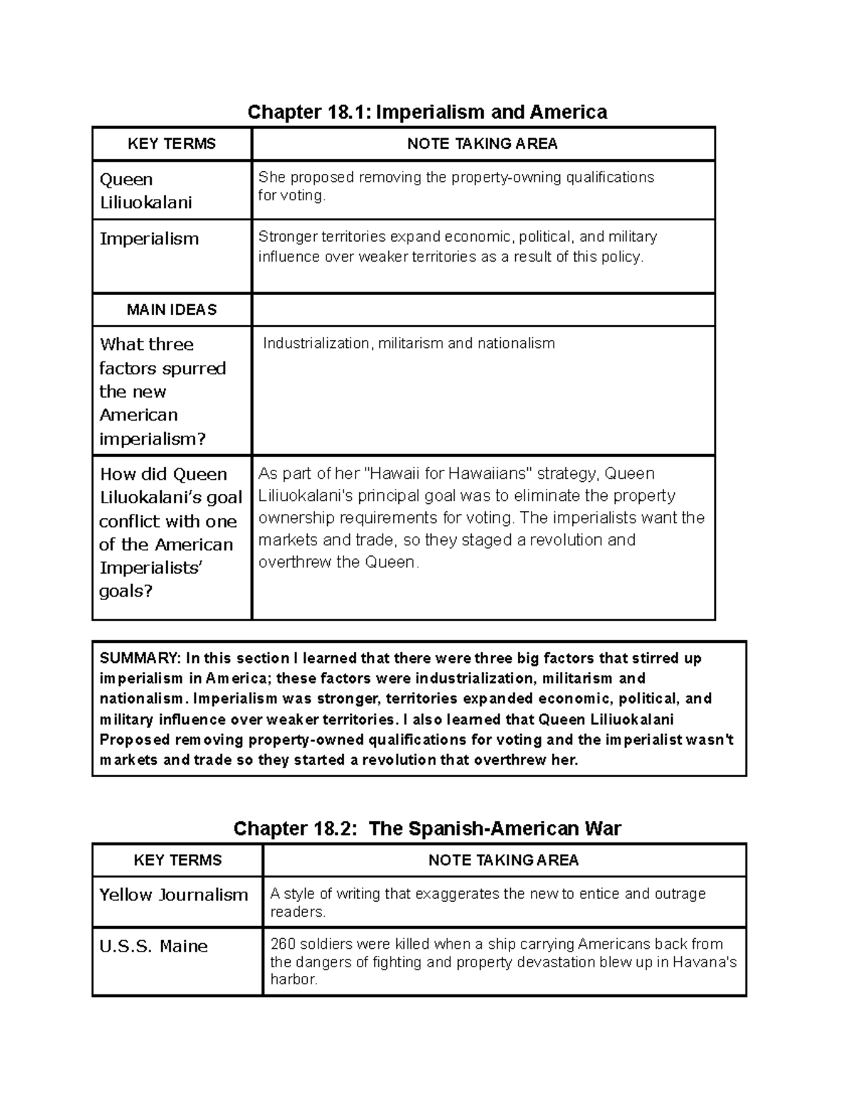 Ch. 18 Notes - Chapter 18: Imperialism and America KEY TERMS NOTE ...