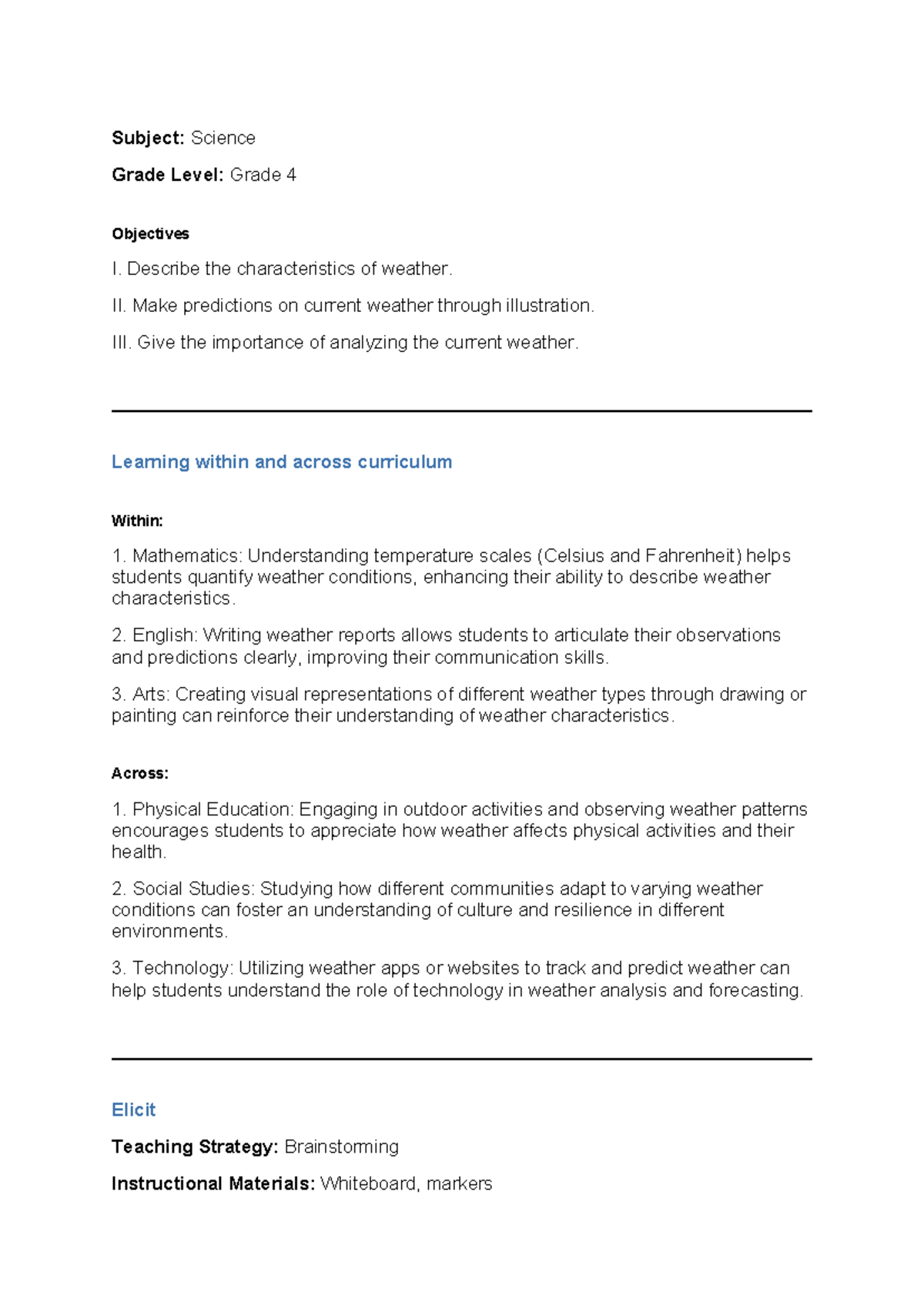Lesson Plan: Weather Characteristics and Predictions (Grade 4 Science ...