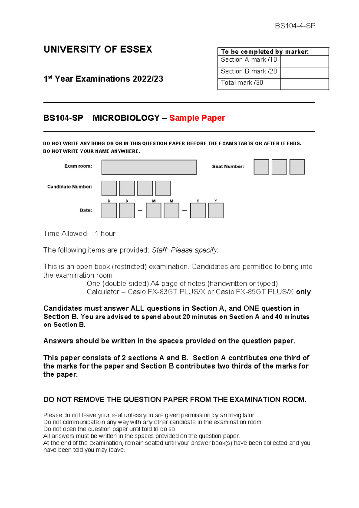 2024 BS104-4-SP Microbiology Sample Exam Paper with Sections A & B ...