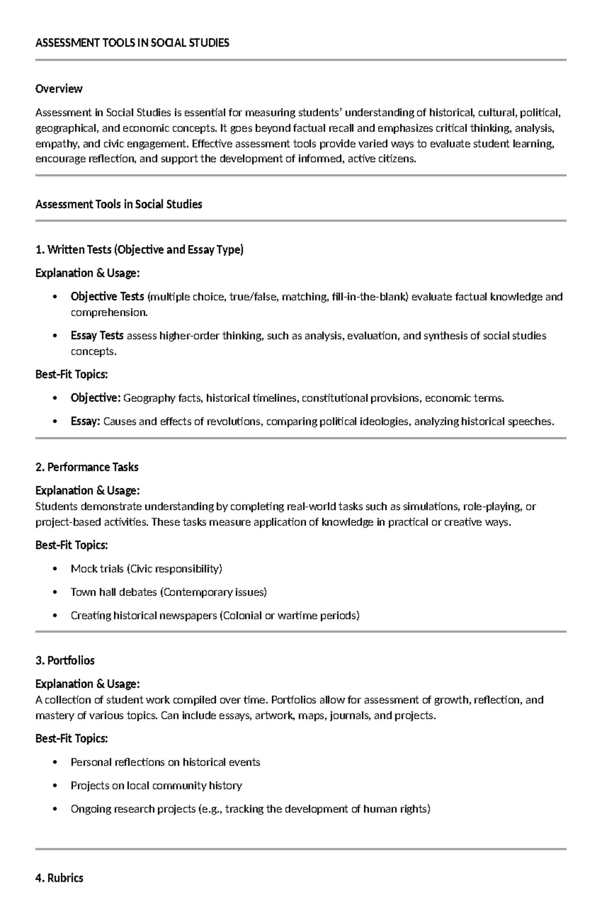 SOC 101: Lesson 11 - Assessment Tools in Social Studies - Studocu