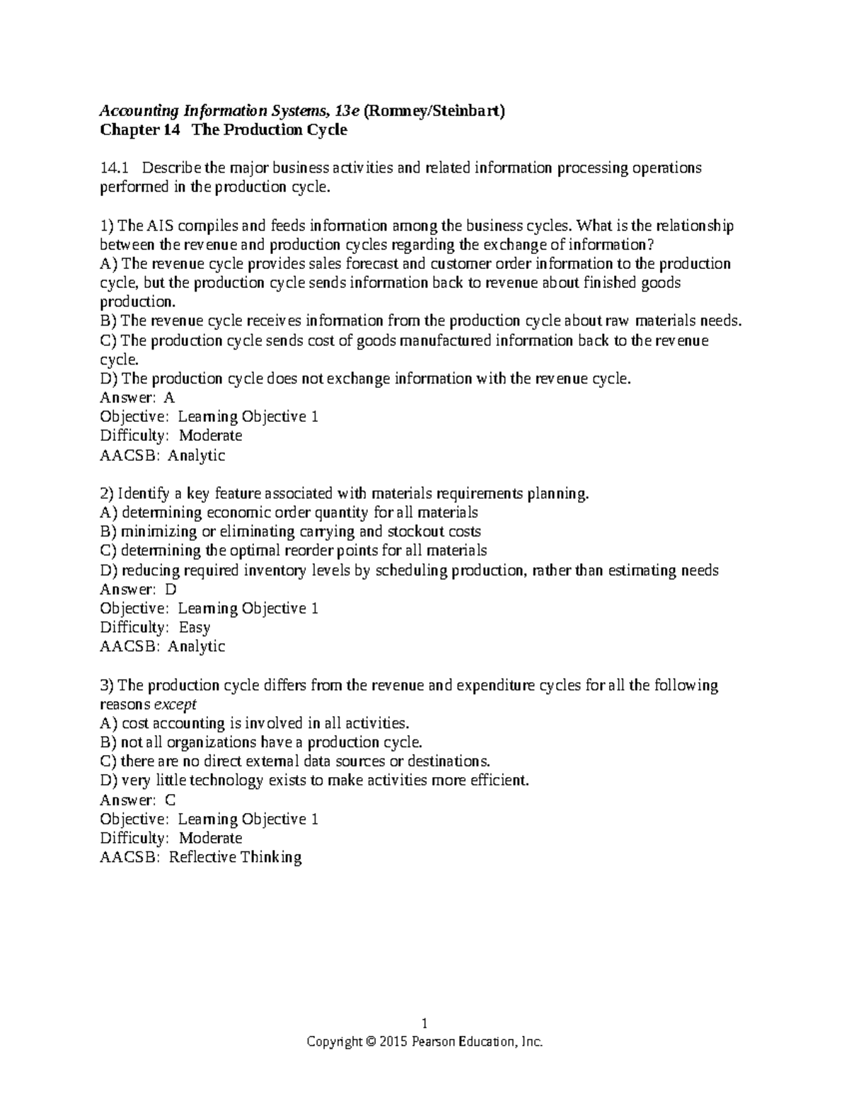 AIS - Production Cycle Review: Test Bank for Understanding - Studocu