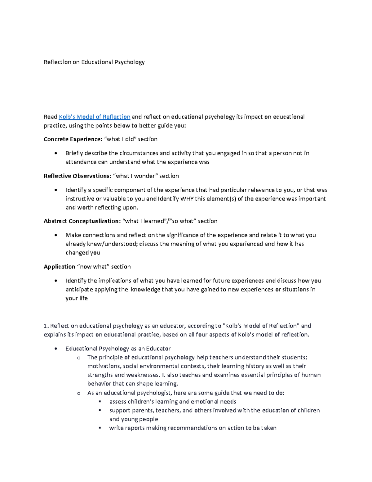 Reflection on Educational Psychology: Insights from Kolb's Model - Studocu