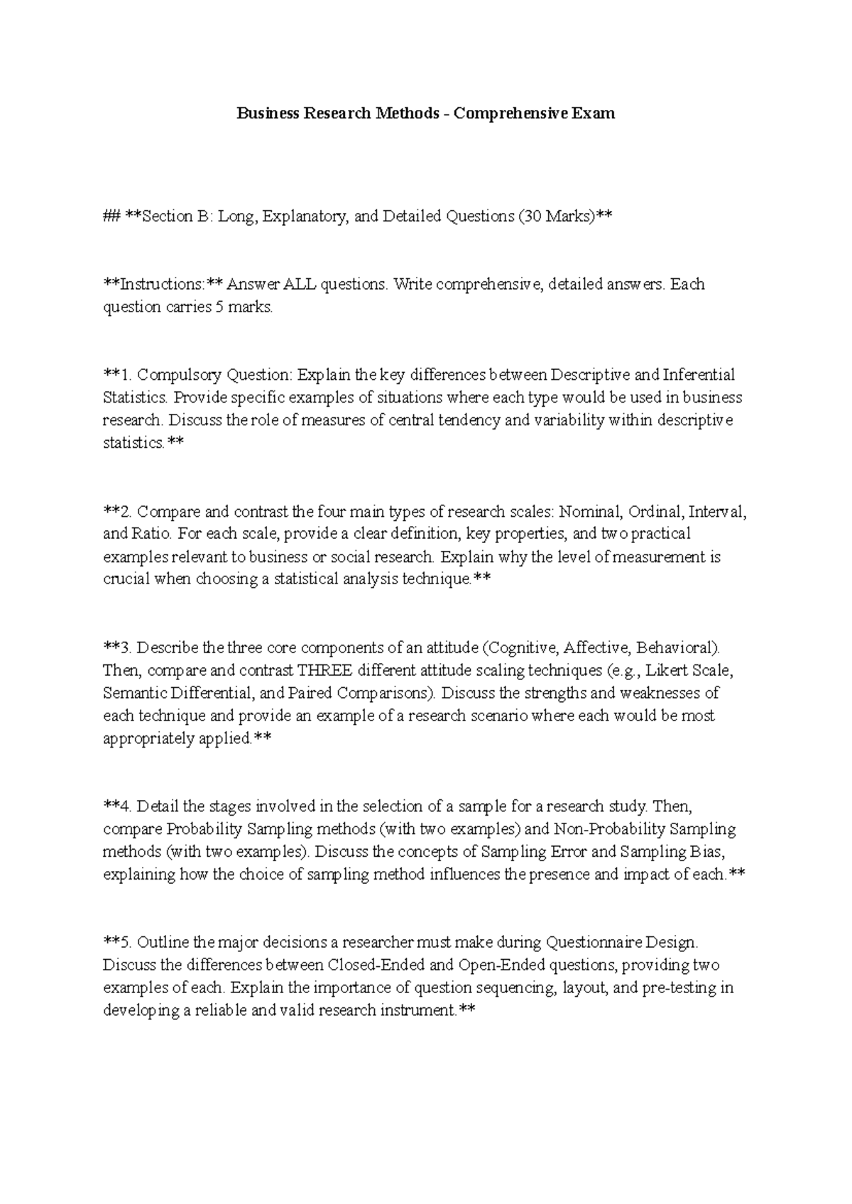 Business Research Methods Comprehensive Exam B: Detailed Questions and ...