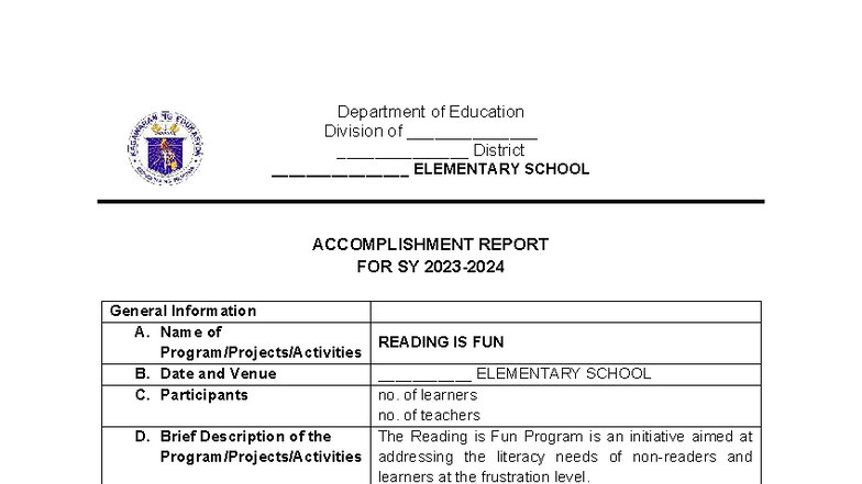 14. Remedial Reading Accomplishment Report for SY 2023-2024 - Studocu