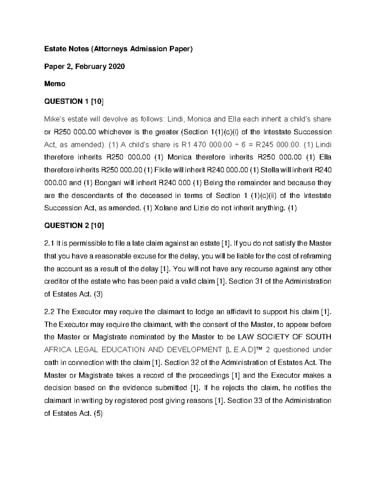 Paper 2 Attorneys Admission Exam Feb 2020 - Estate Law Notes - Studocu