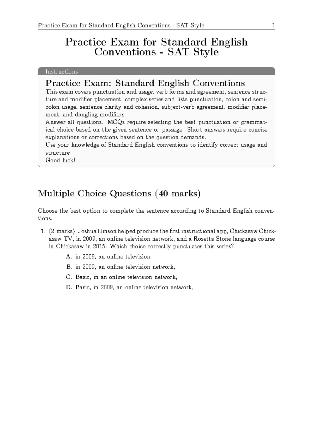SAT Style Practice Exam: Standard English Conventions - Studocu