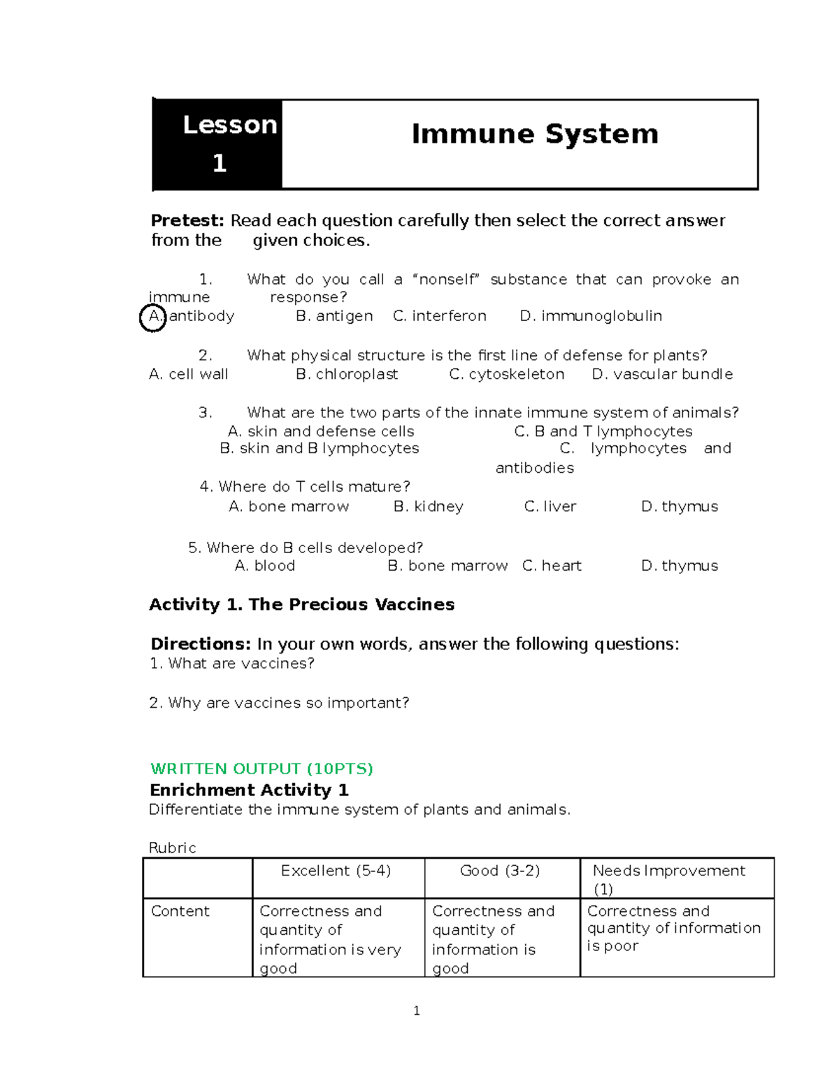 Genbio 2- Packet-Q4-WK 4-MELC 4 - Lesson 1 Immune System Pretest: Read ...