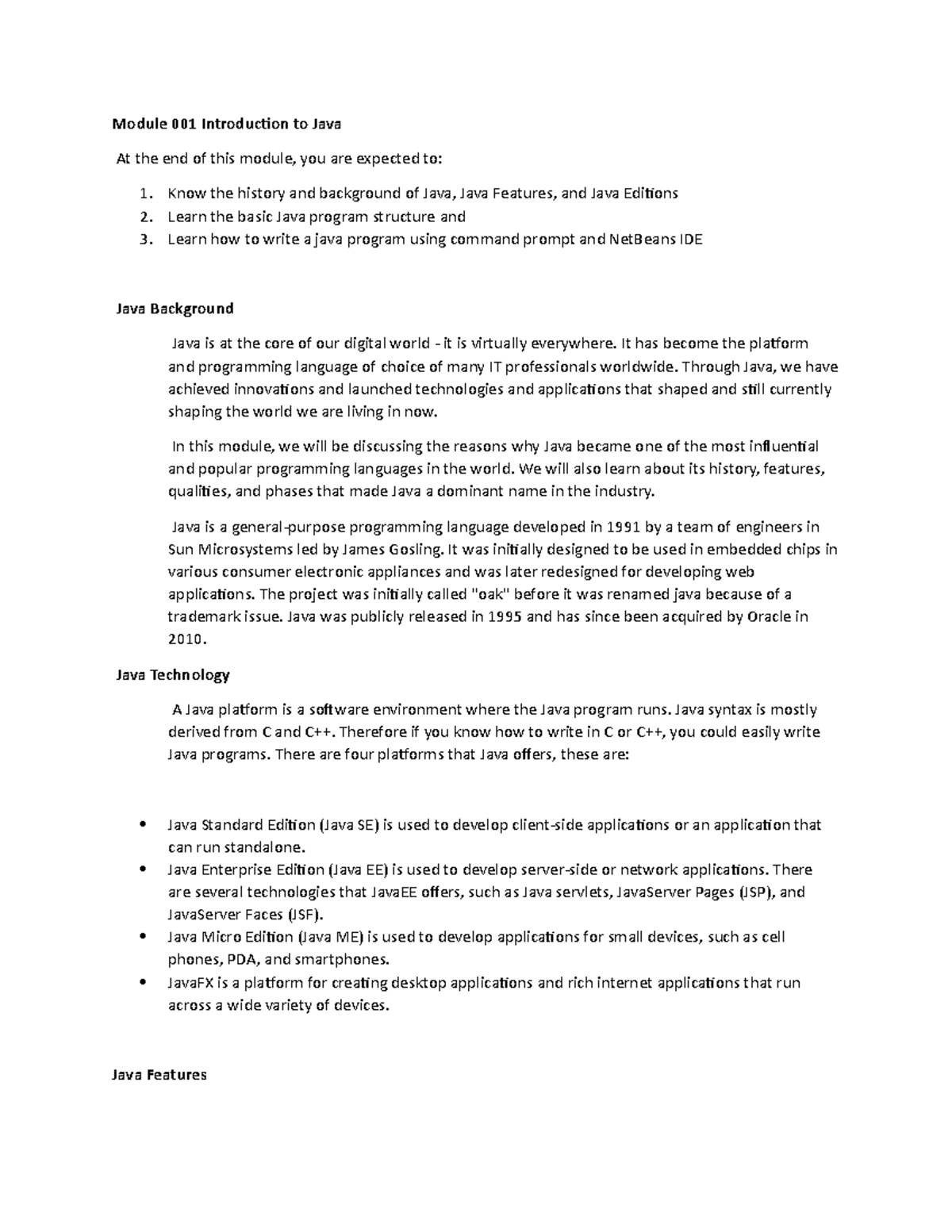 Module 001: Intro to Java Programming Concepts and Structure - Studocu