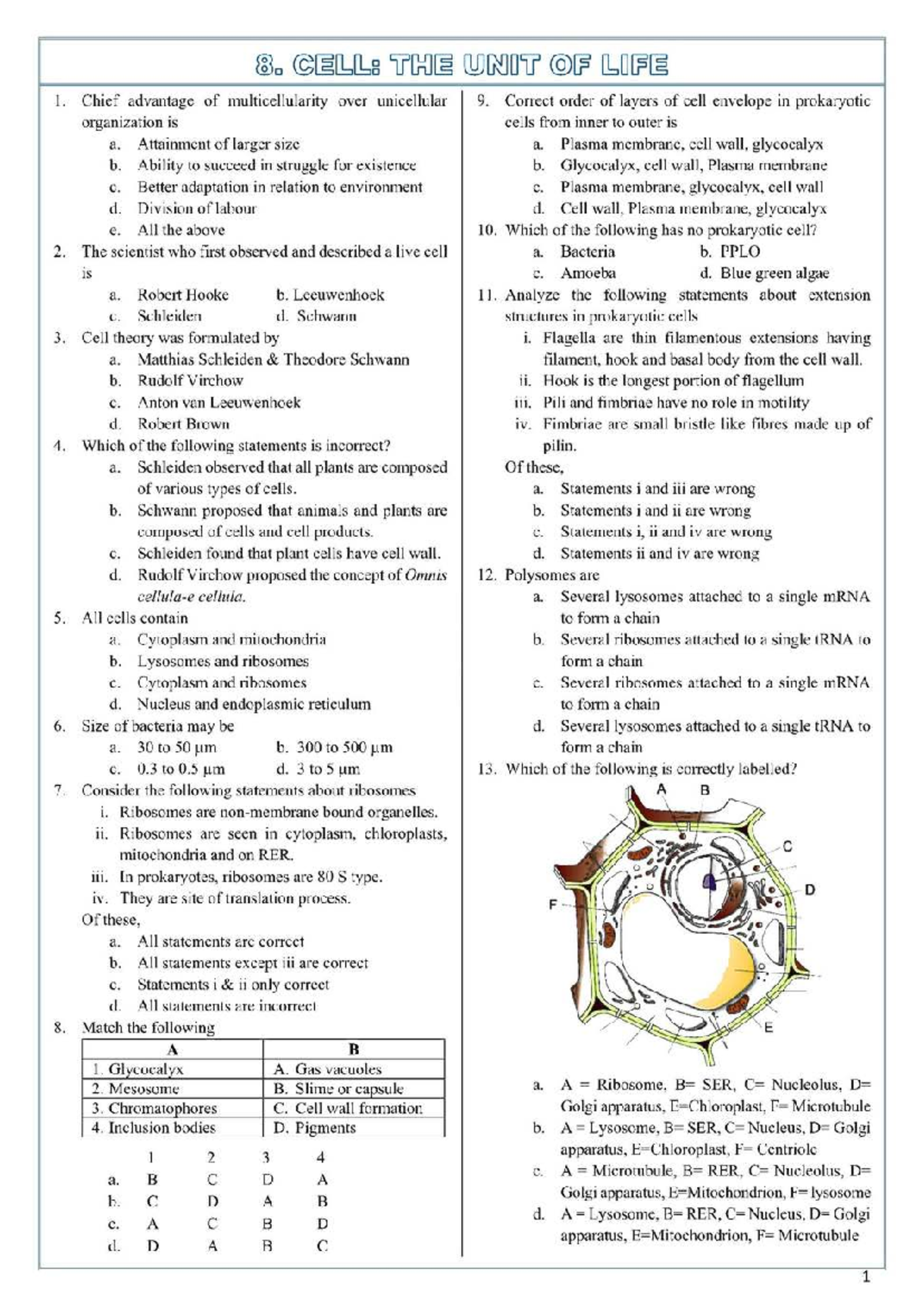 8 cell - the unit of life - entrance questions - grade 10 biology - Studocu