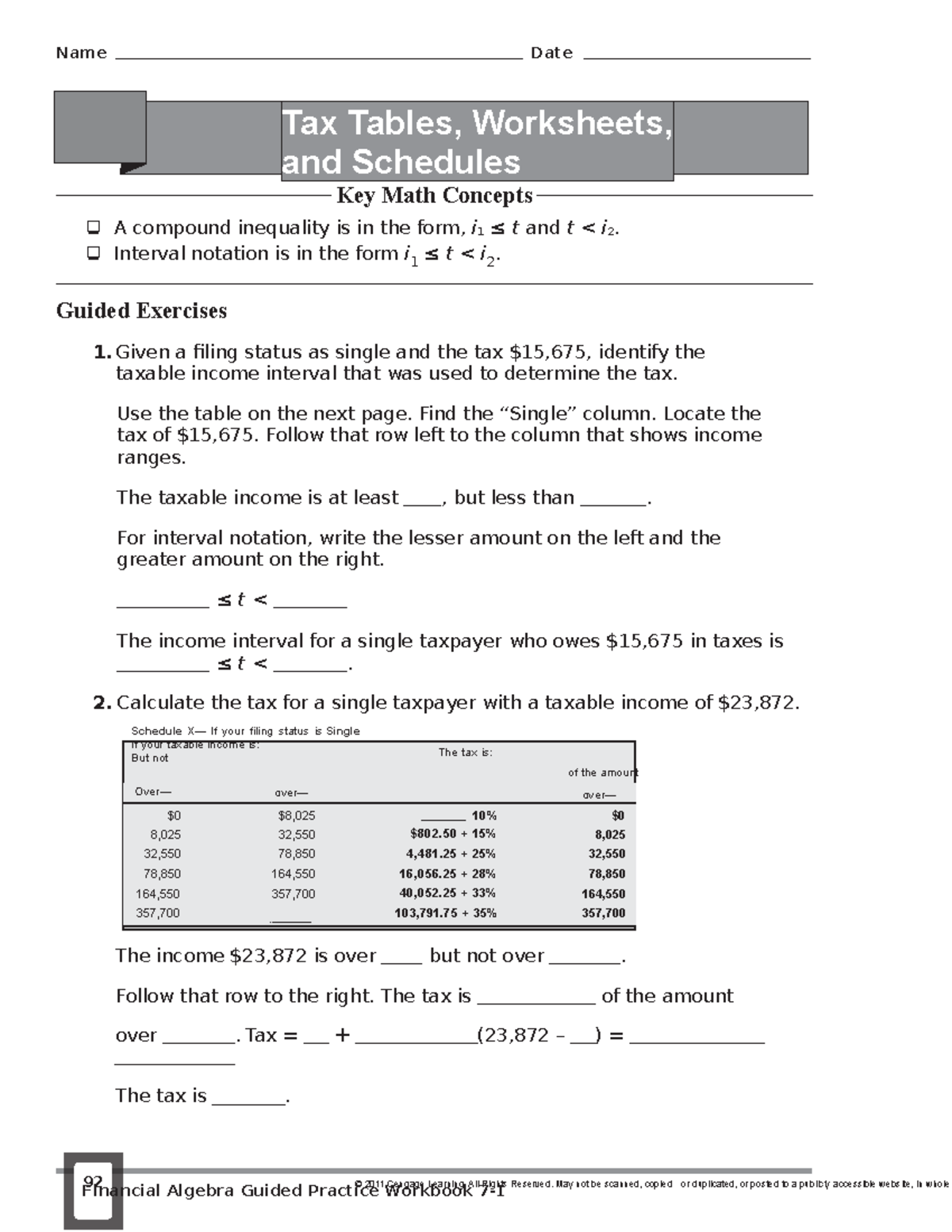Financial Algebra (FA 101) Lesson 7-1 Tax Tables & Worksheets - Studocu