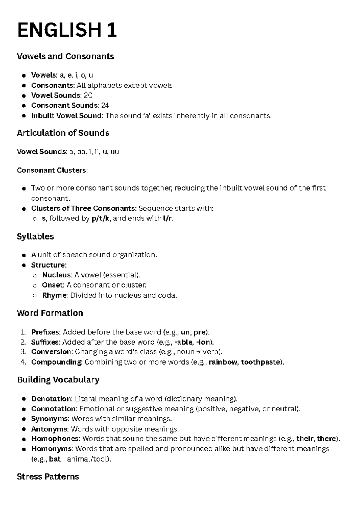 English 1: Vowels, Consonants, and Word Formation Essentials - Studocu