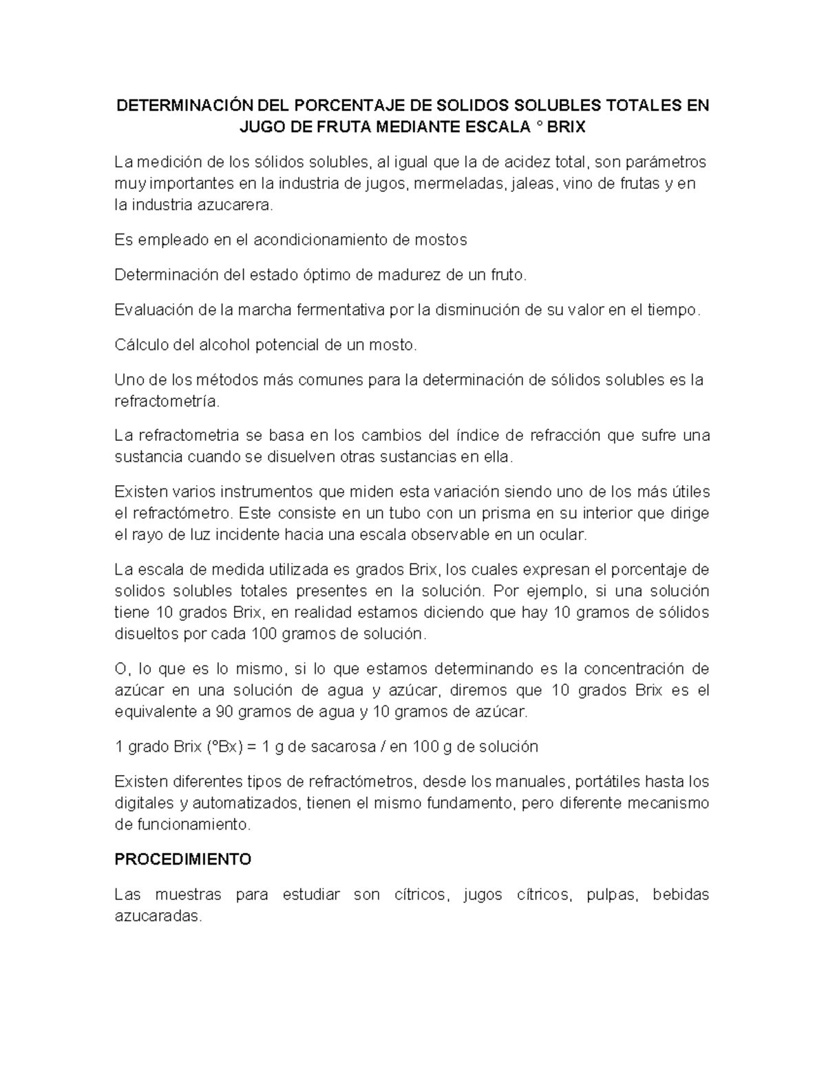Determinación del % de Sólidos Solubles Totales en Jugo de Fruta ...