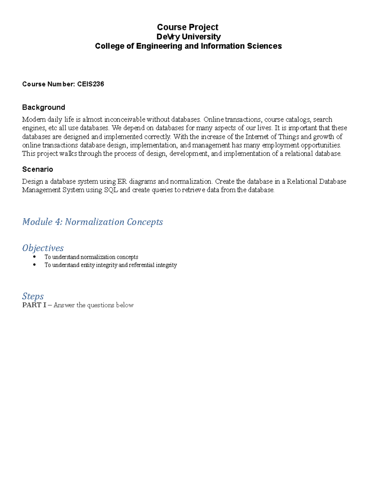 CEIS236 Course Project: Database Design & Normalization Concepts - Studocu