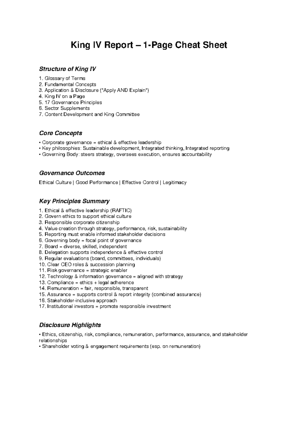 King IV Report Cheat Sheet: Governance Principles & Key Concepts - Studocu
