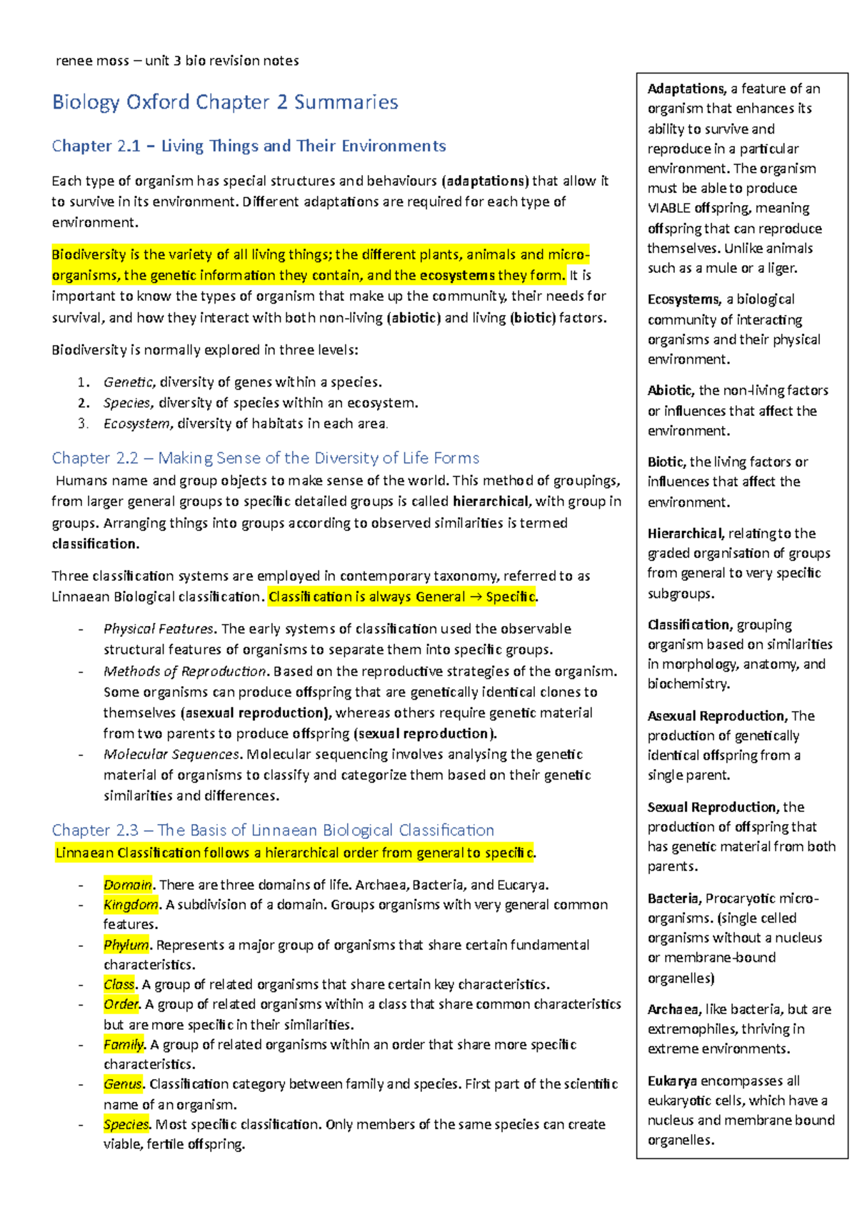 Biology U3 Revision Notes: Ecosystems, Classification & Biodiversity ...