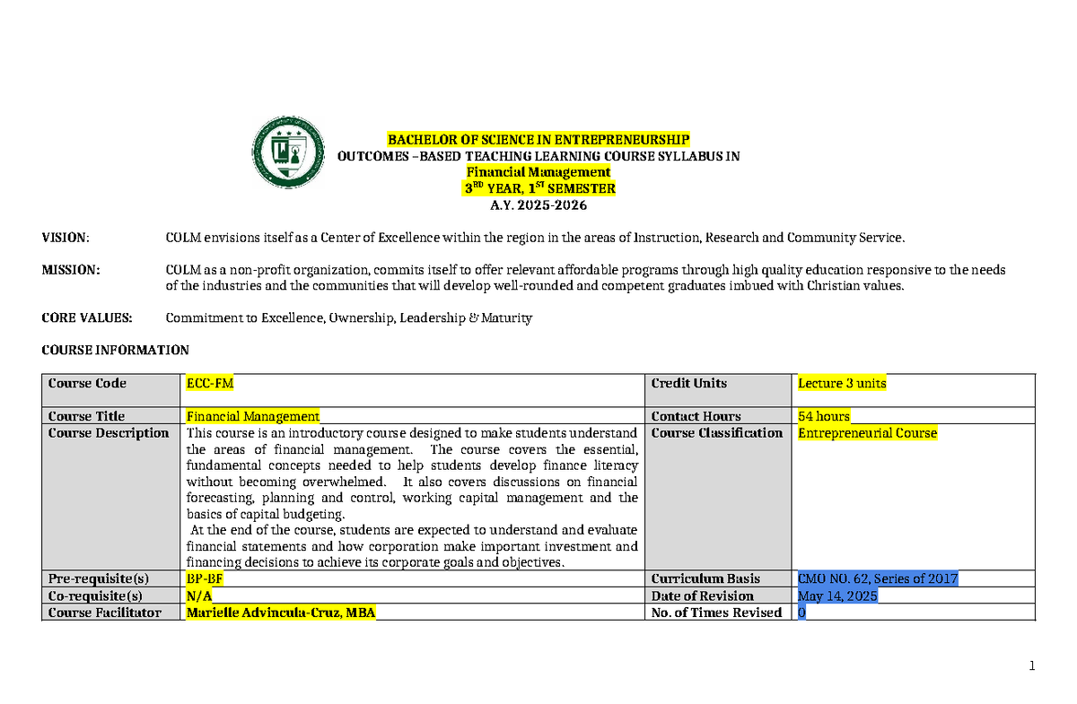 BACHELOR OF SCIENCE IN ENTREPRENEURSHIP: Financial Management Syllabus ...