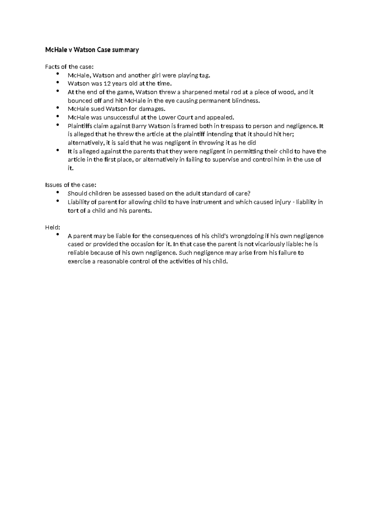 McHale v Watson Case Summary: Legal Analysis & Implications - Studocu