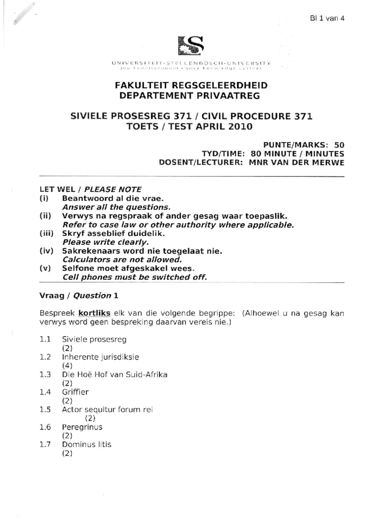 Civil procedure 371 test notes - April 2010 - Studocu