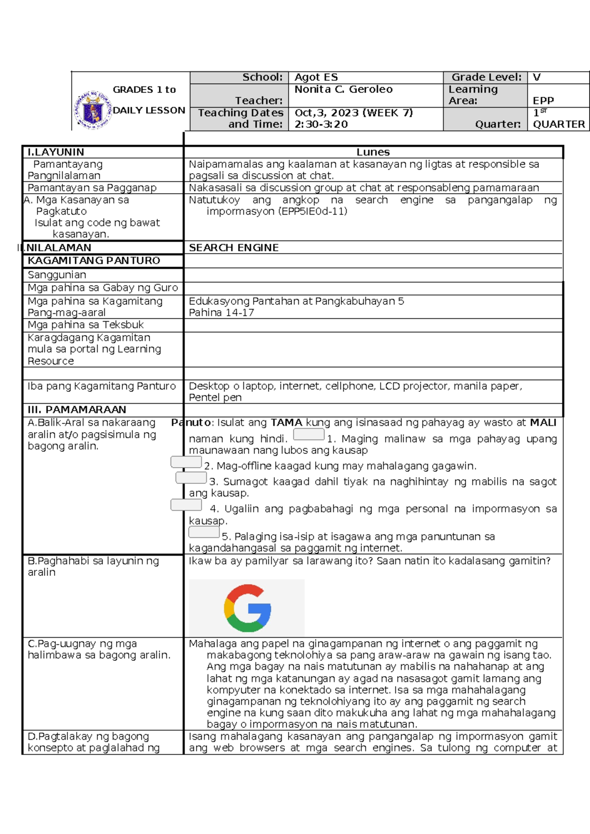 EPP5 -Q1-ICT- Week 7-day 2 new - GRADES 1 to 12 DAILY LESSON LOG School ...