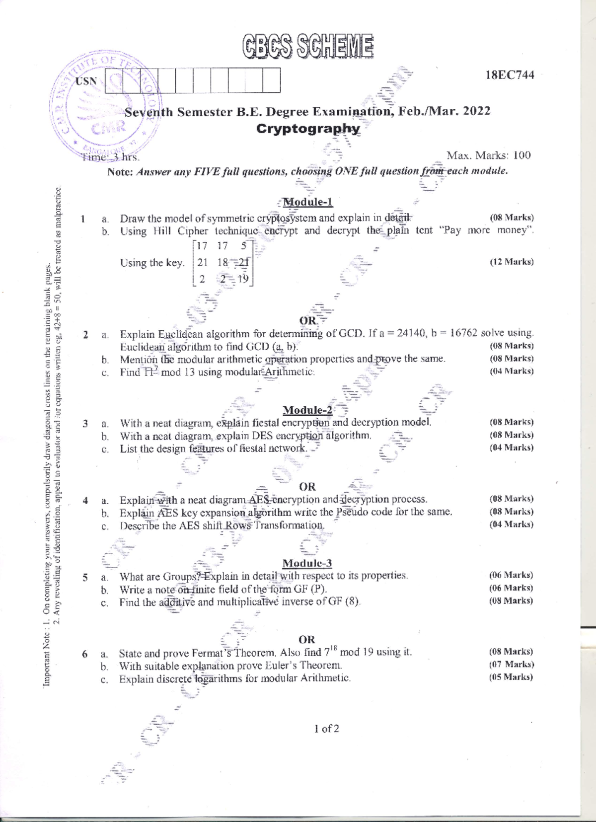 VTU 18EC744 Cryptography Exam QP & Solutions March 2022 - Studocu