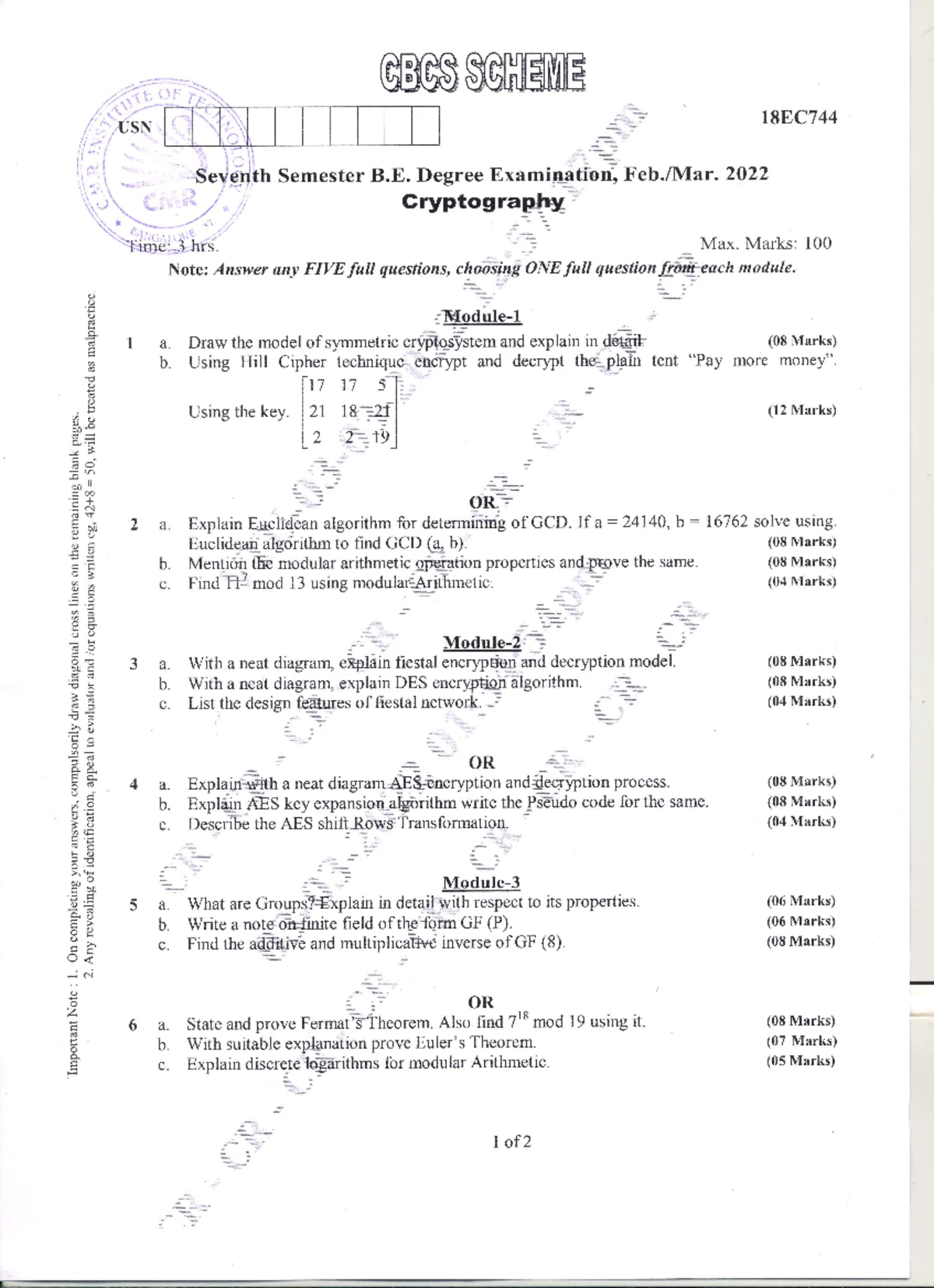 VTU exam Question Paper with Solution of 18EC744 Cryptography March ...