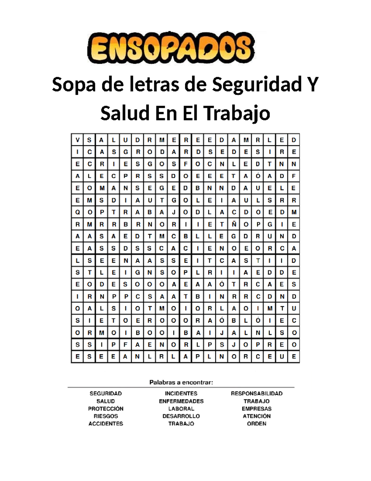 Sopa de letras de Seguridad Y Salud En El Trabajo - Studocu