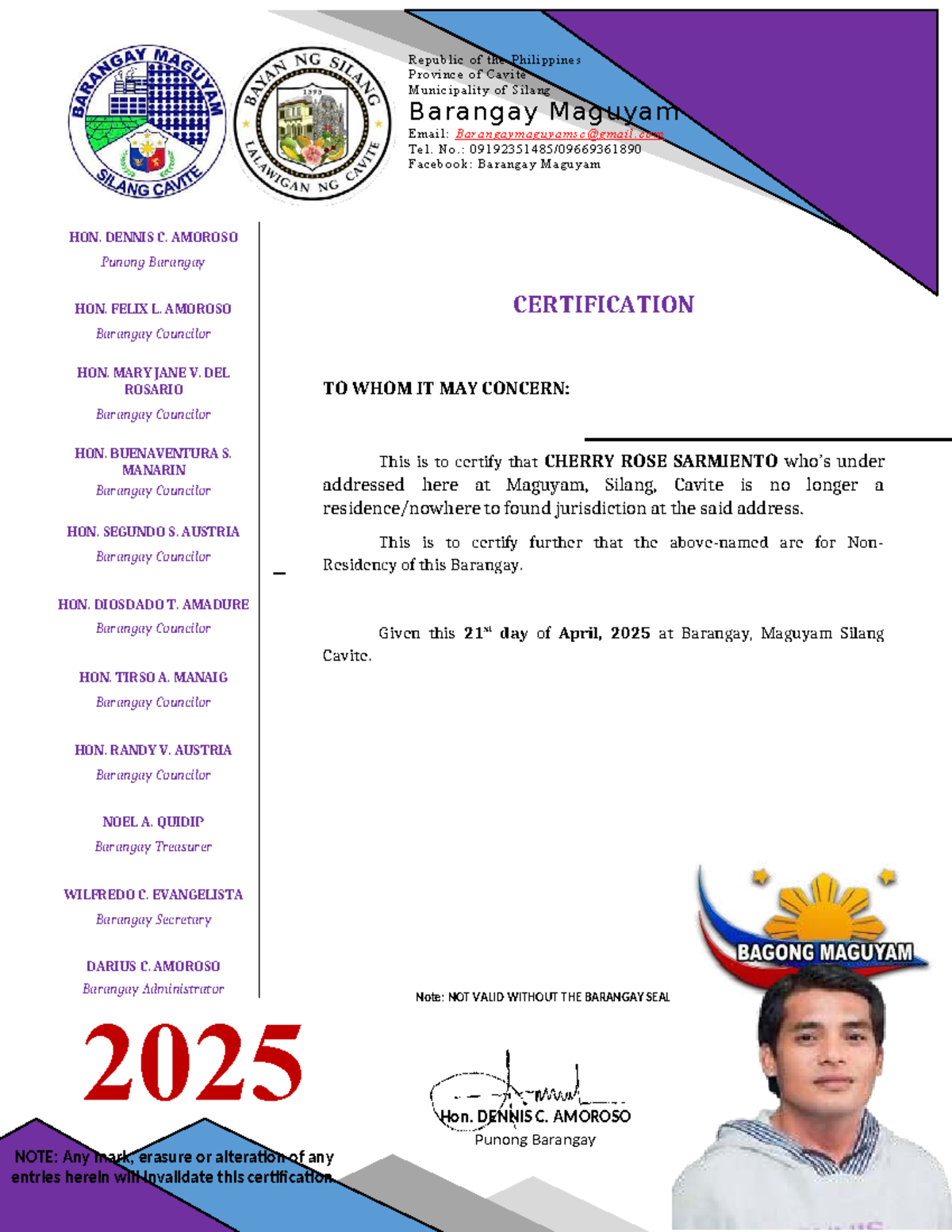 Barangay Maguyam Non-Residency Certification 2025 - Studocu