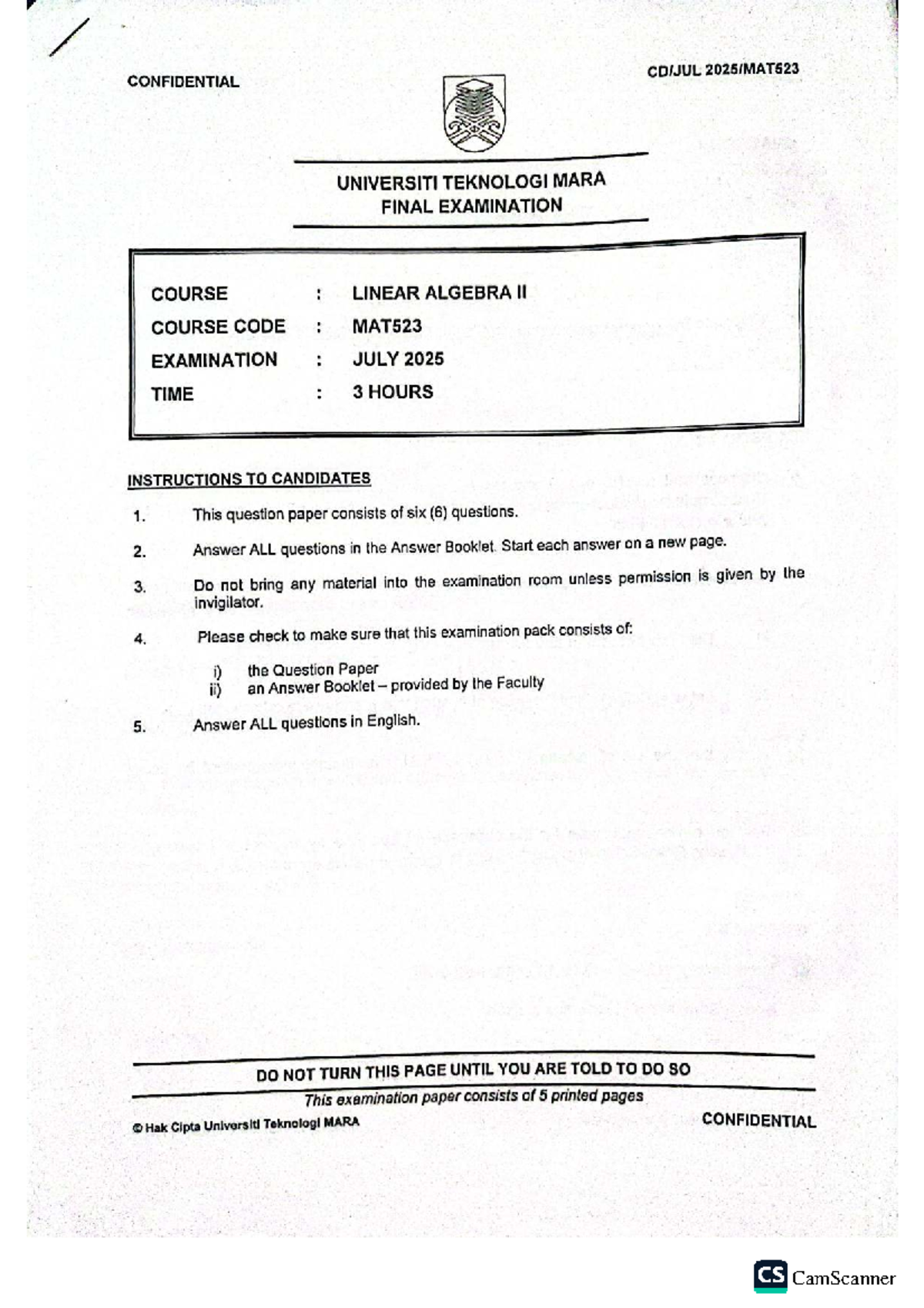 MAT523 FINAL EXAMINATION: LINEAR ALGEBRA II - JULY 2025 - Studocu