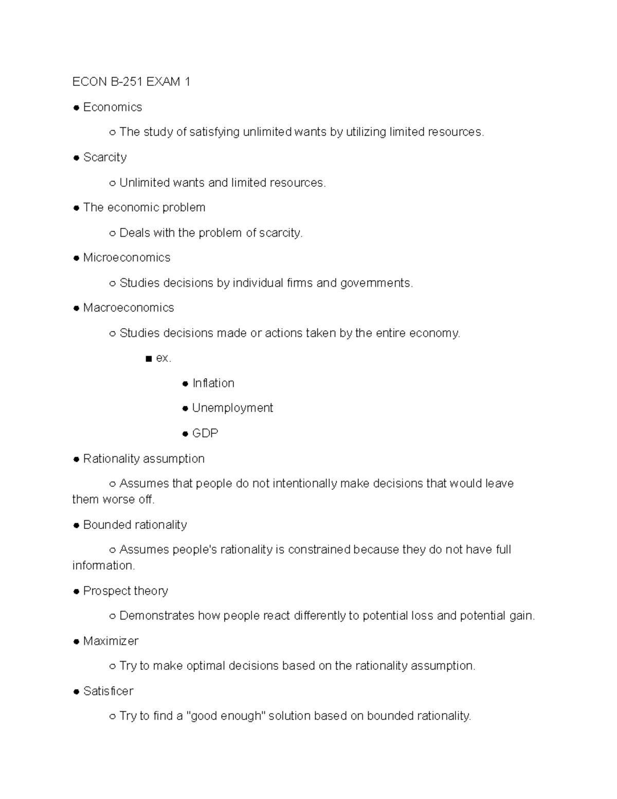 ECON B-251 Exam 1 Review: Key Concepts in Economics - Studocu