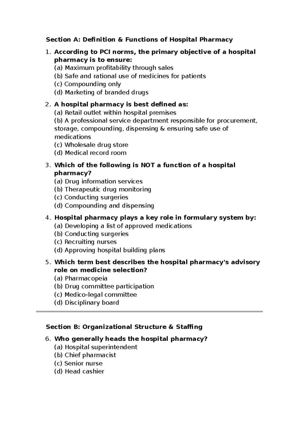 Hospital Pharmacy Functions & Structure: PCI Norms Overview - Studocu