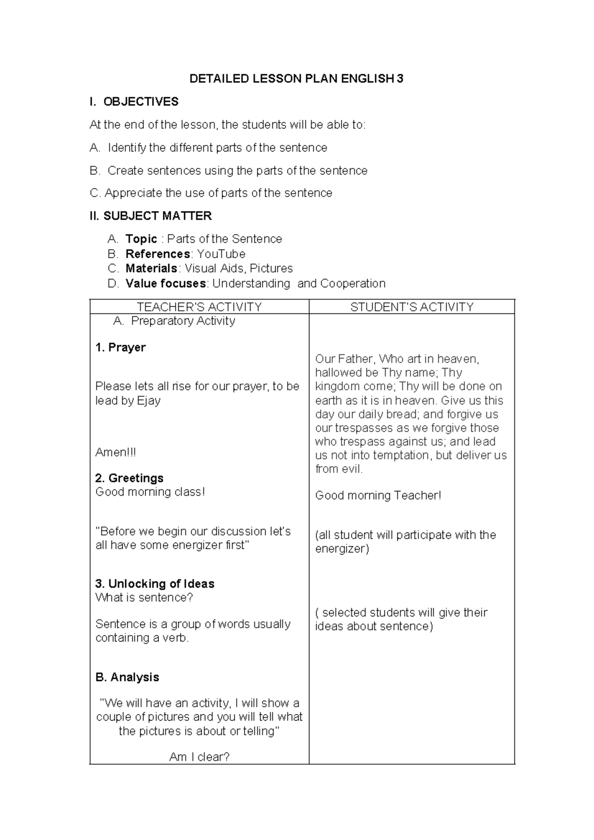 Detailed Lesson Plan on Parts of the Sentence for English 3 - Studocu