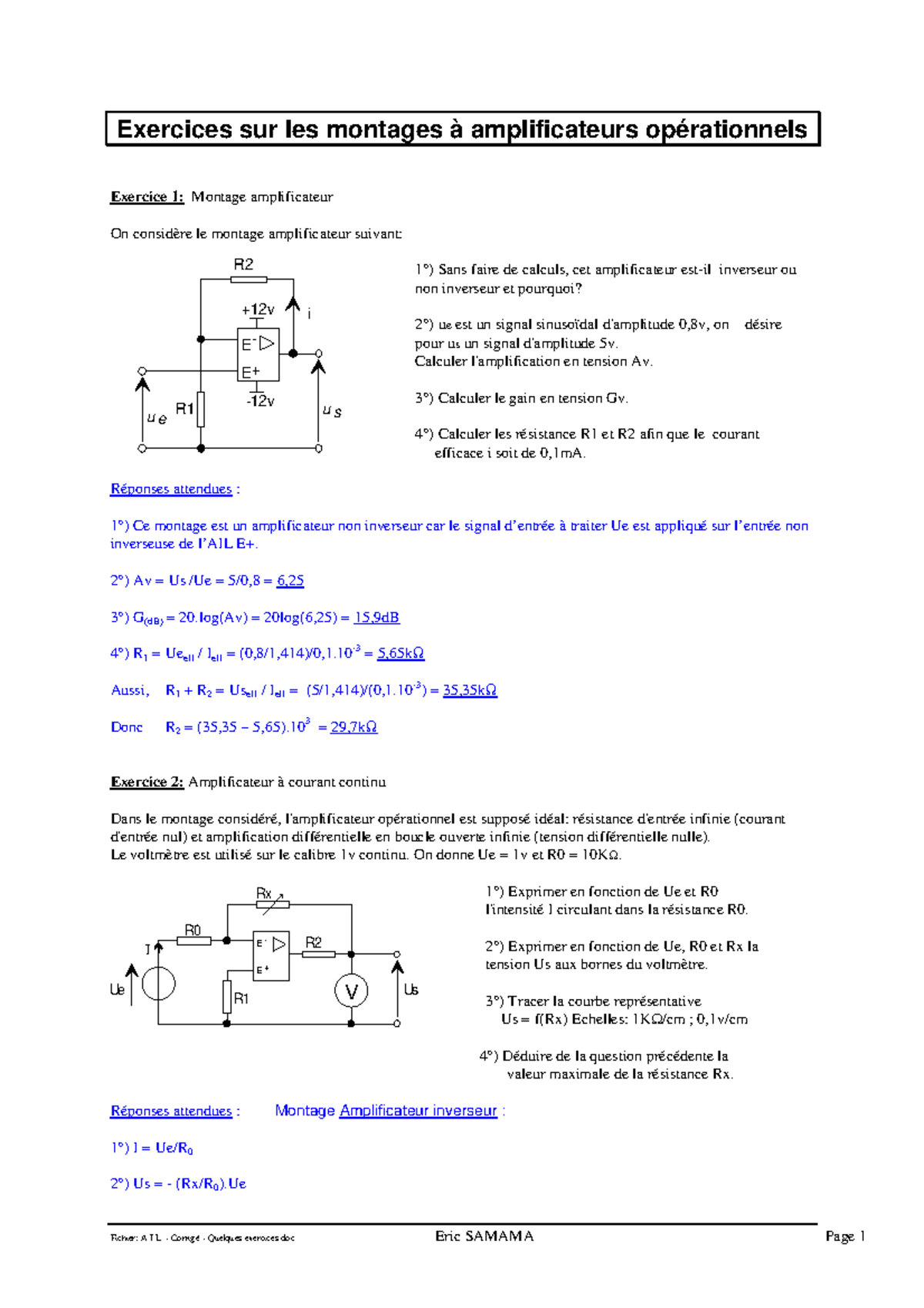 Exercices sur les montages à amplificateurs opérationnels - Cours AP123 ...