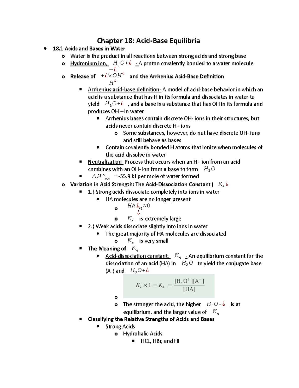 Chapter 18 Chem - Chapter 18: Acid-Base Equilibria 18 Acids and Bases ...