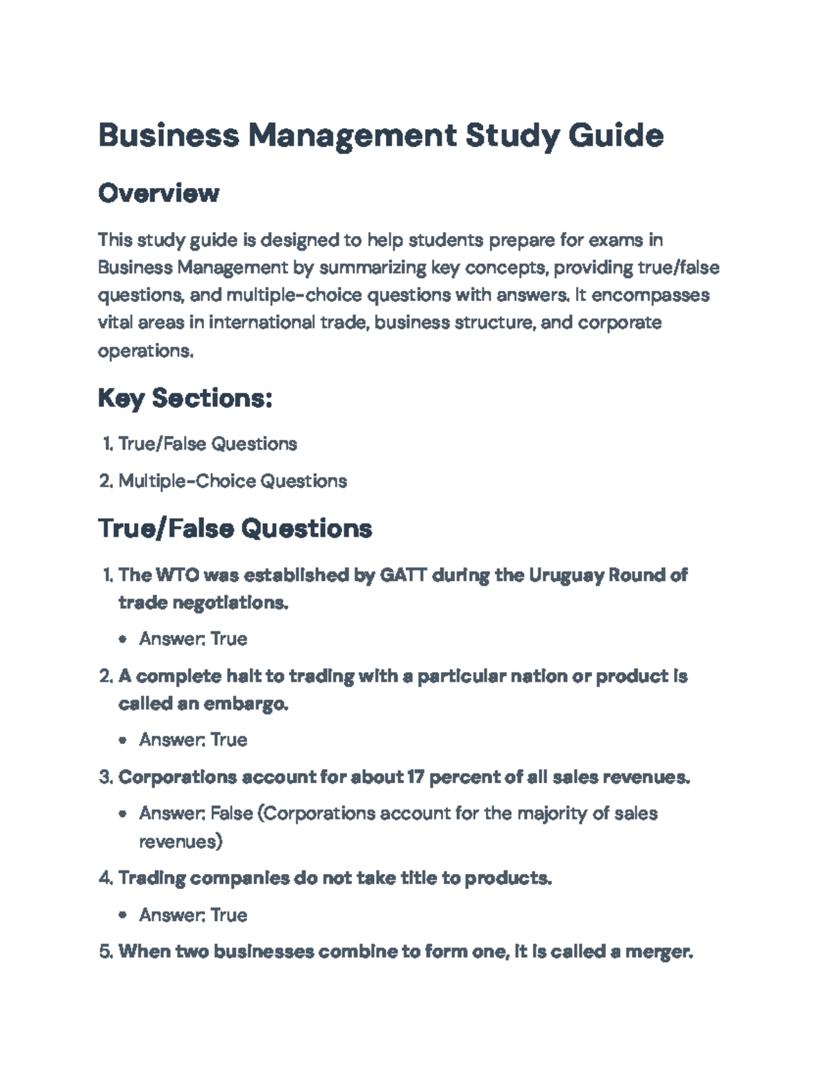 Business Management Final Exam Study Guide: Key Concepts and Questions ...