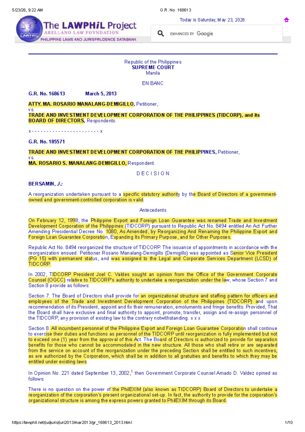 G.R. No. 168613 & G.R. No. 185571: Demigillo vs. TIDCORP Reorganization ...