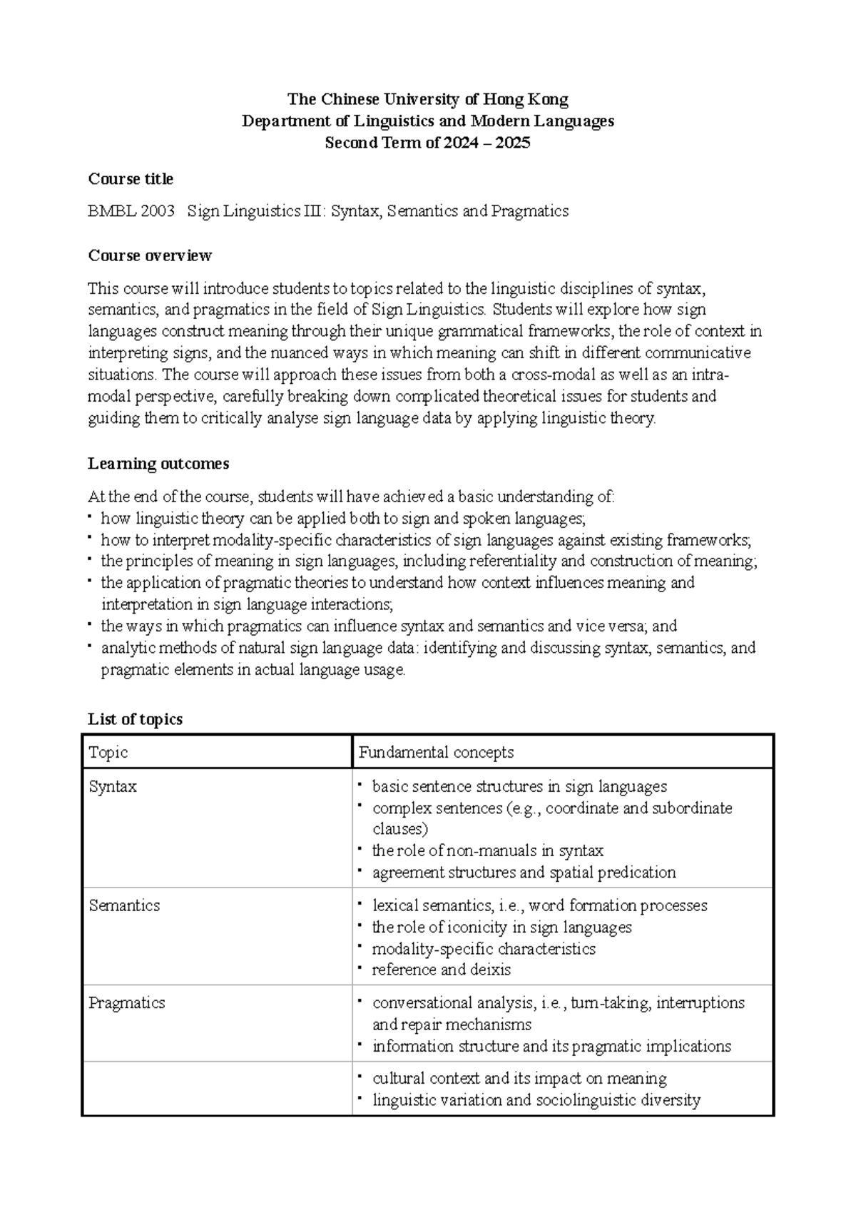 BMBL 2003 Course Outline: Sign Linguistics Syntax, Semantics ...